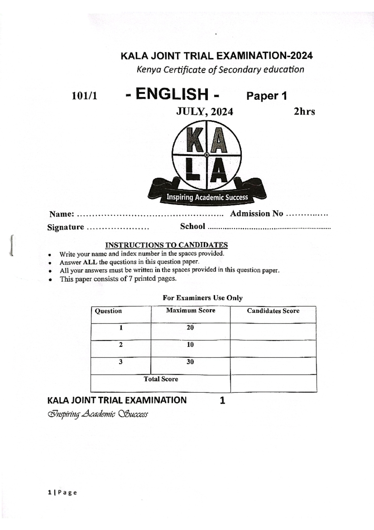 KALA ENG PP1 QP 2024 - Joint Trial English Exam Paper Review - Studocu