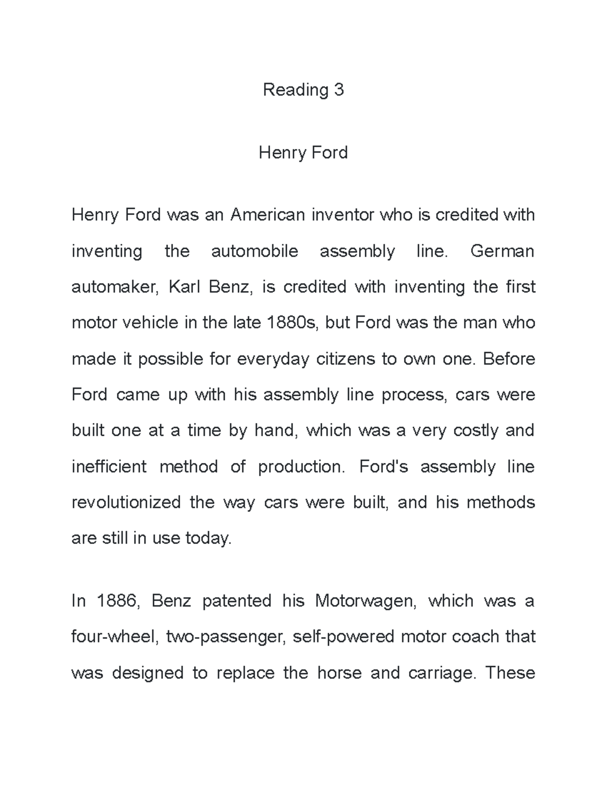 Reading 3 Henry Ford - Reading 3 Henry Ford Henry Ford was an American ...