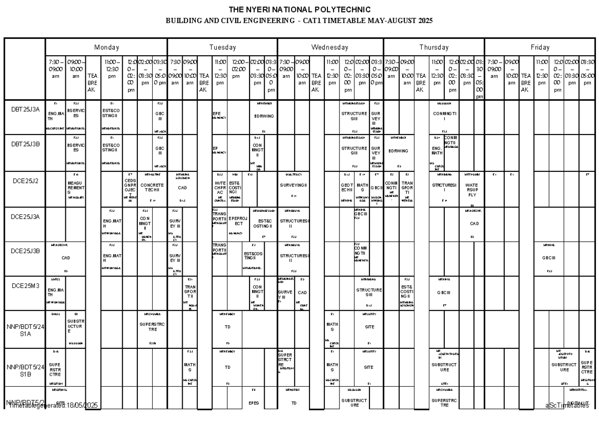 BCE CAT1 Timetable May-August 2025 - Building Technology Students - Studocu