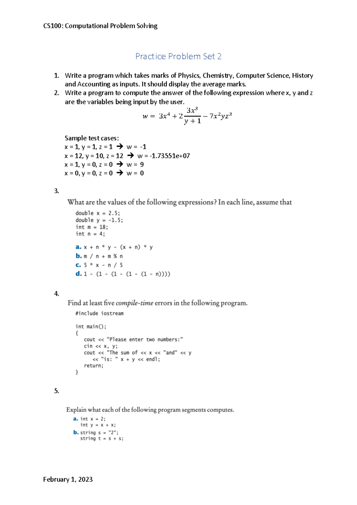 Practice Problem Set 2 - CS100: Computational Problem Solving February ...