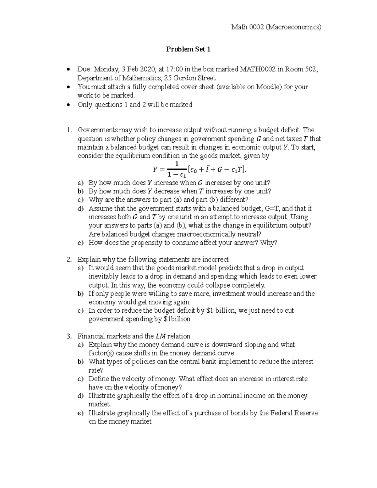 Math0002 - Macroeconomics Problem Set 1: Output & Budget Analysis - Studocu