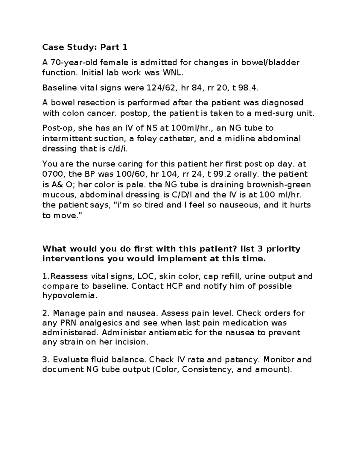 Case Study: Post-Op Hypovolemic Shock Management (NUR 101) - Studocu