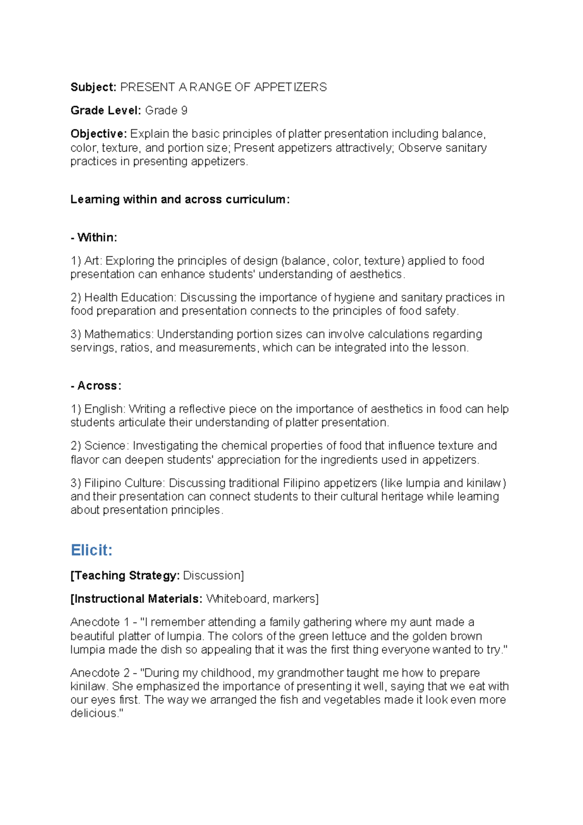 Lesson Plan: Platter Presentation Principles for Appetizers (Grade 9 ...
