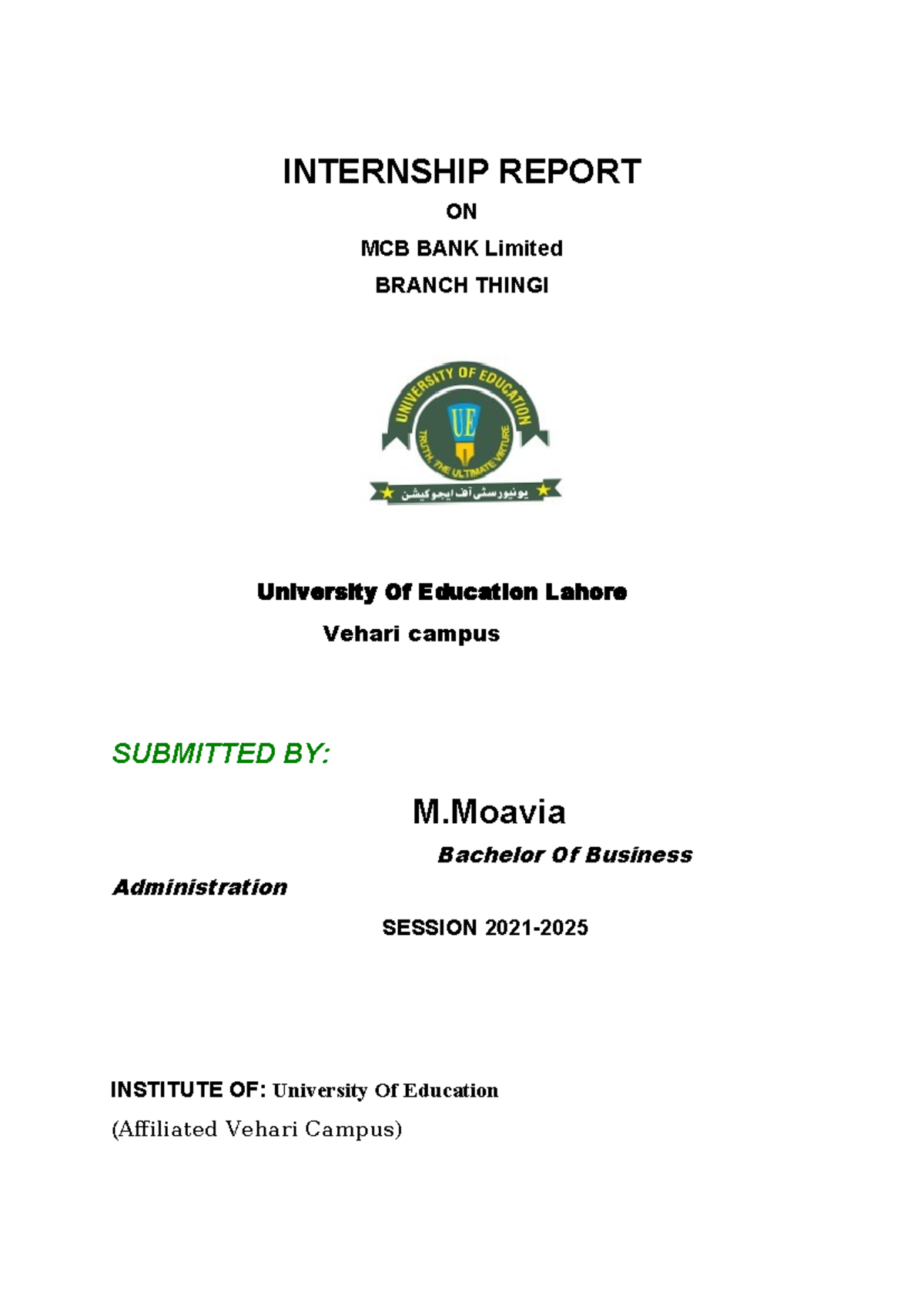 Internship Report: MCB Bank Limited - BBA Final Evaluation - Studocu