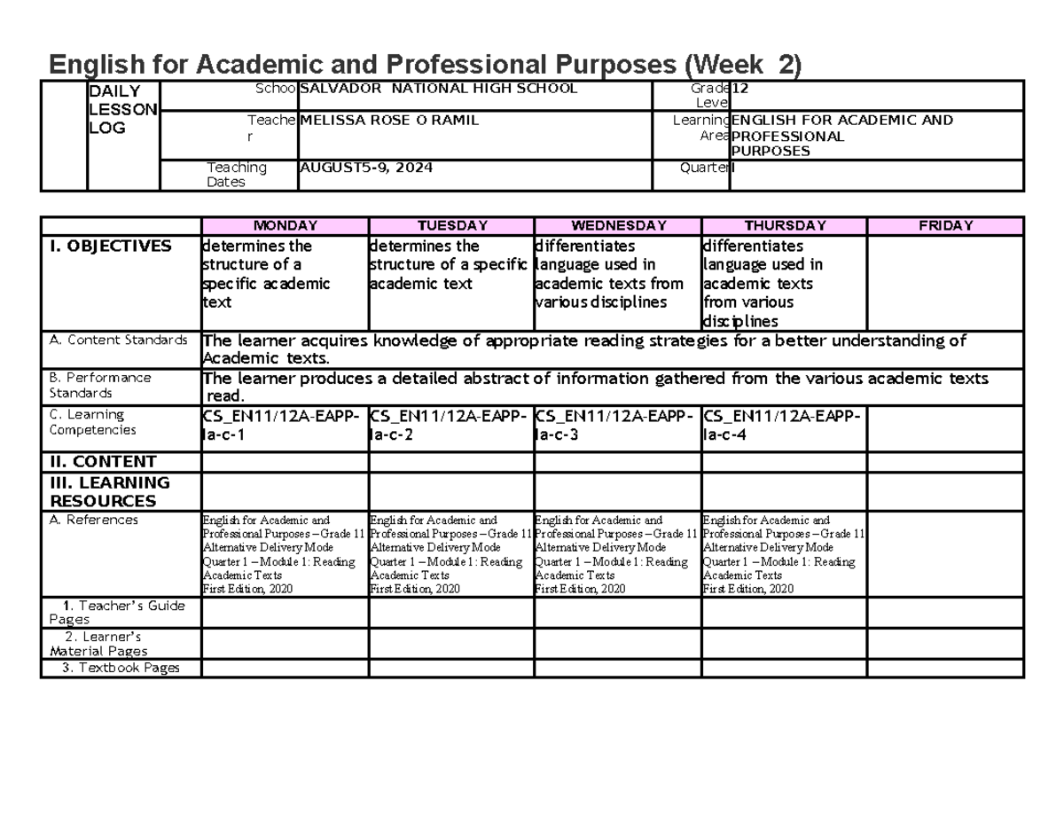 EAPP Week 2 Daily Lesson Log - Academic Texts & Language Use - Studocu