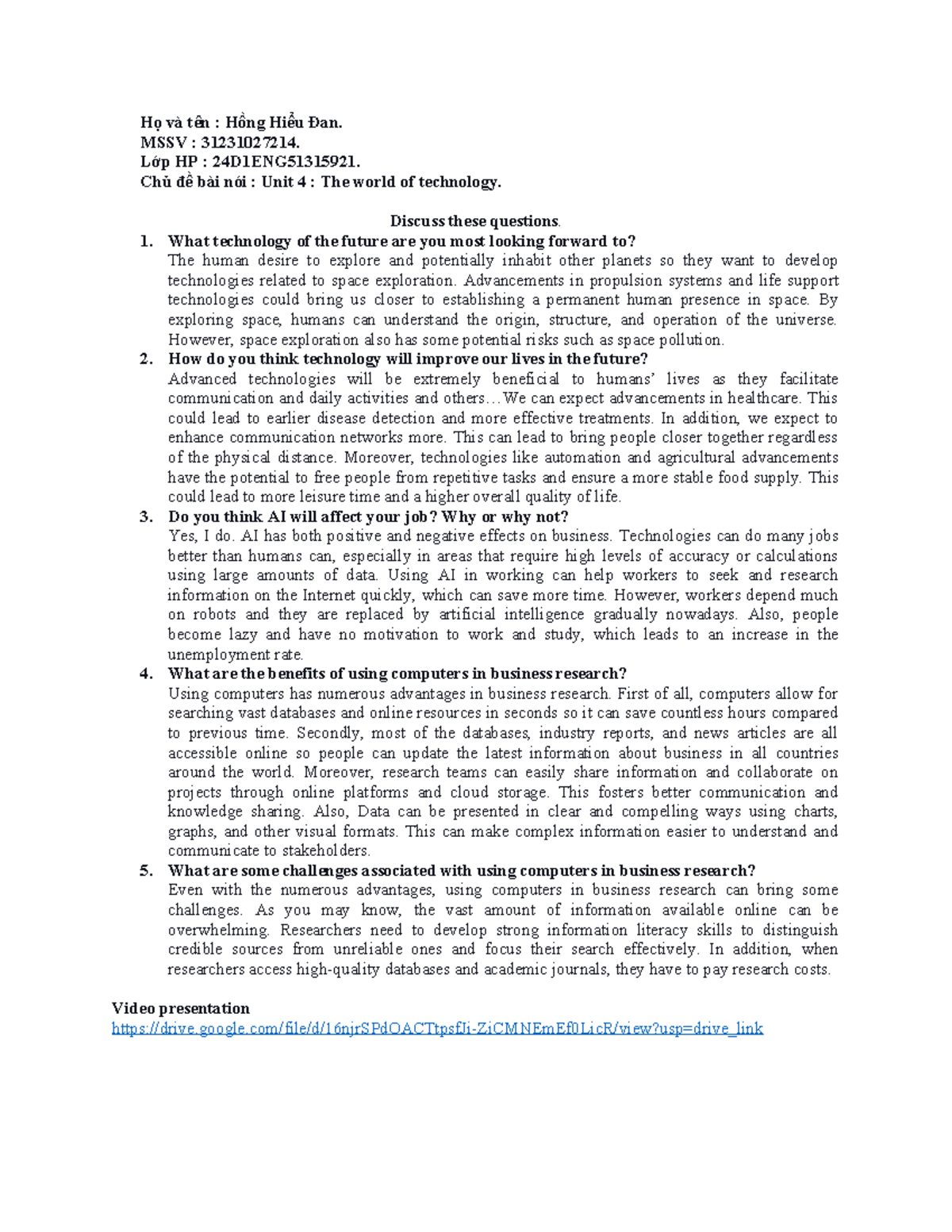 Speaking Final Exam TACN 24D1ENG51315921: Unit 4 - The World of Tech - Studocu