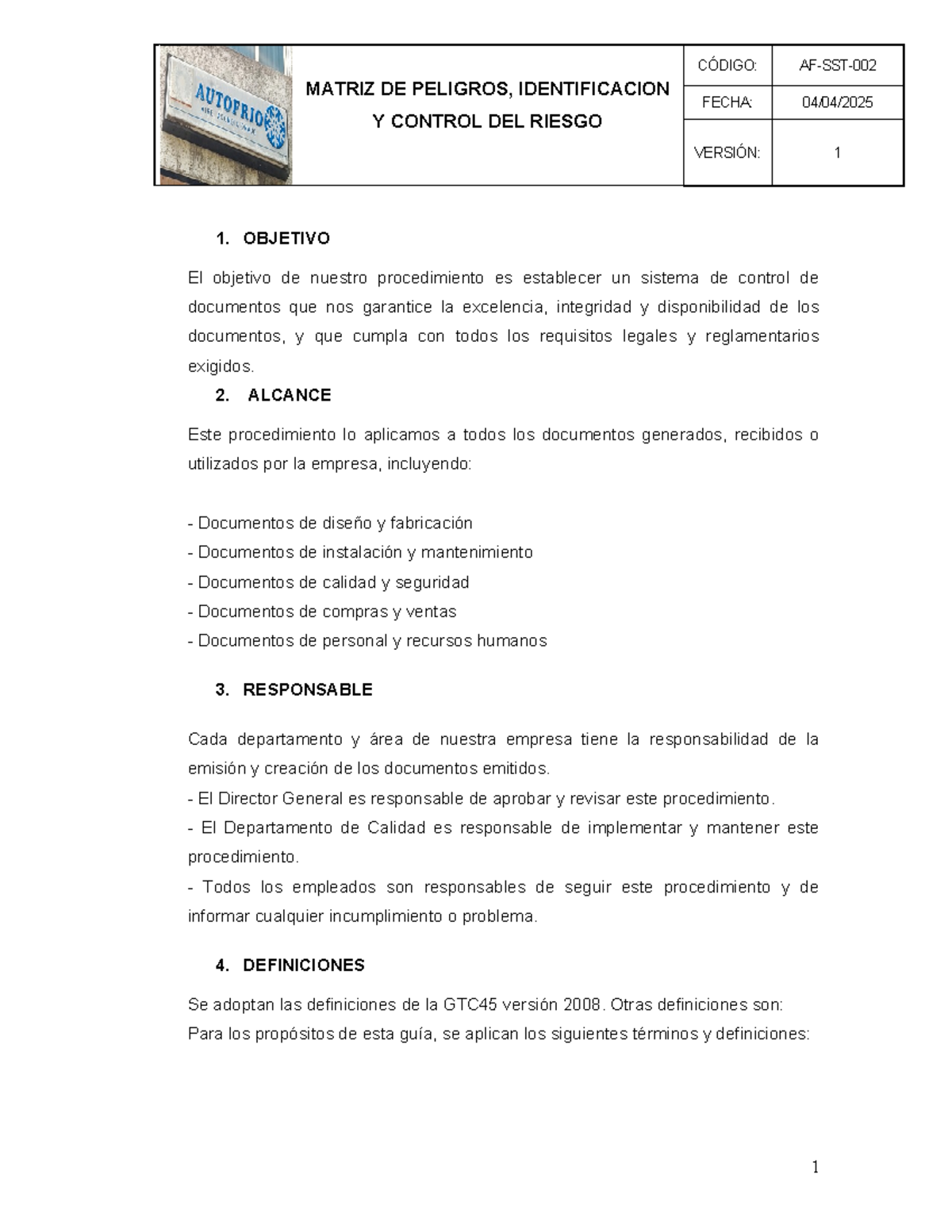 Matriz de Peligros y Control de Riesgos - Procedimiento AF-PC SST 06 ...