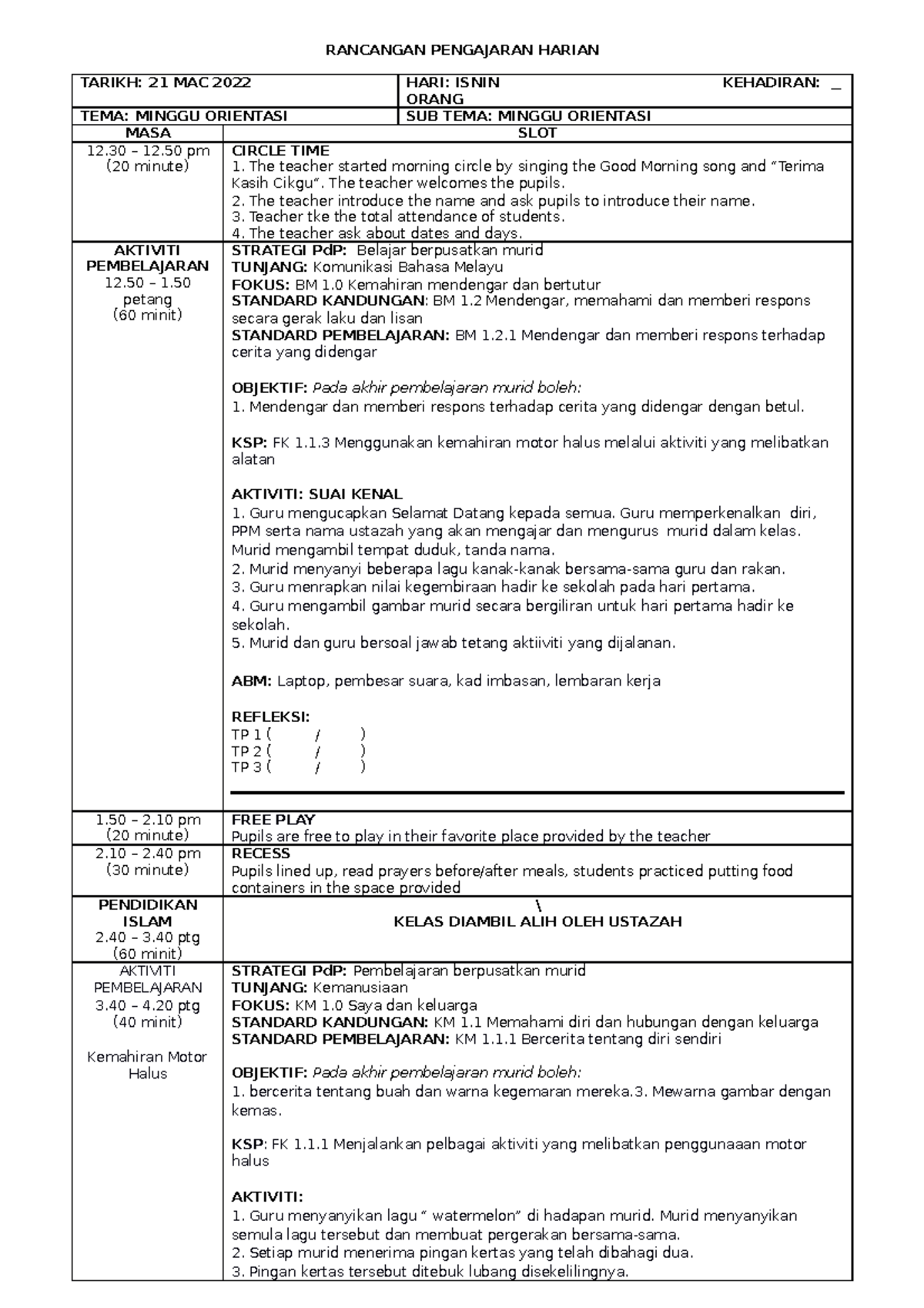 M1 Minggu Orientasi - Contoh RPH - RANCANGAN PENGAJARAN HARIAN TARIKH: 21 MAC 2022 HARI: ISNIN ...