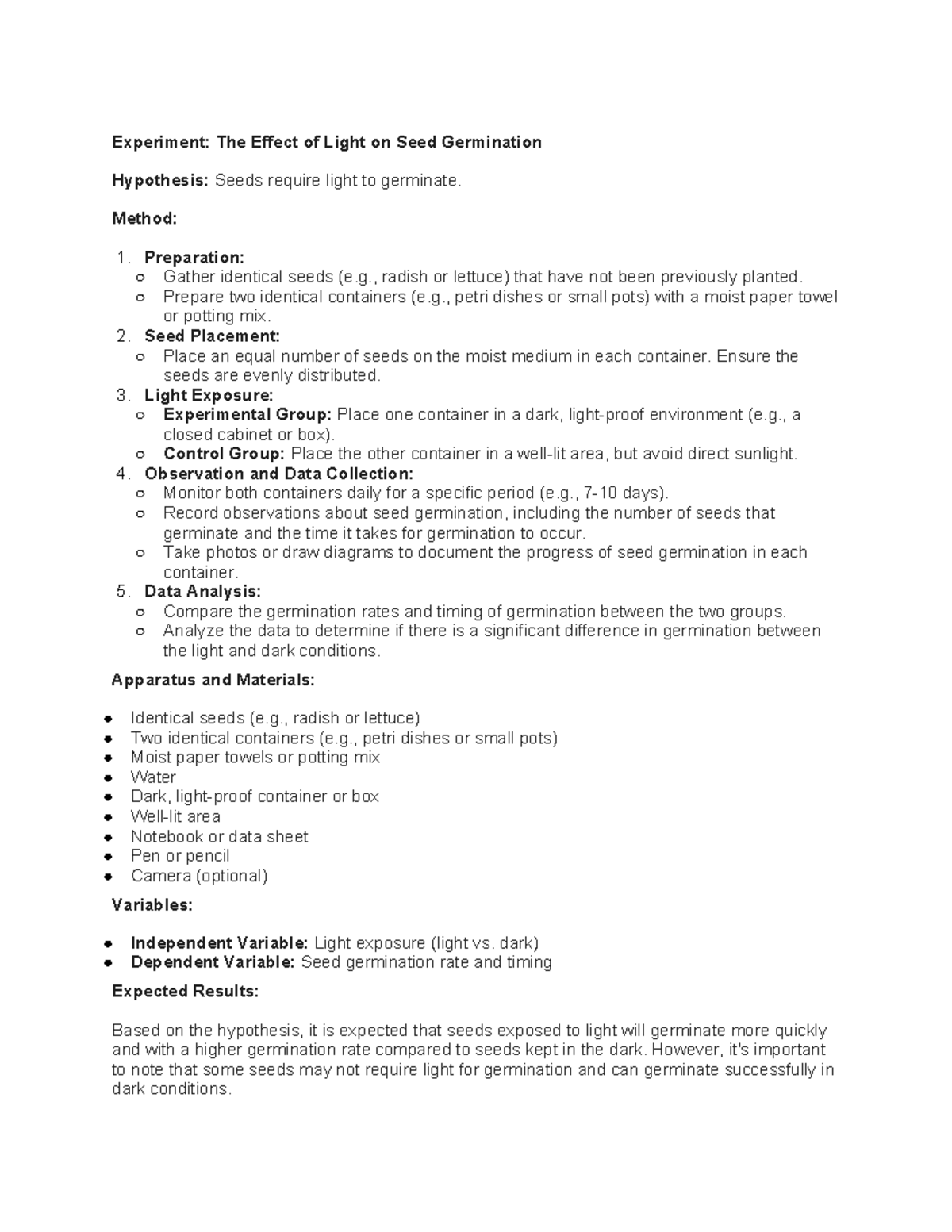 Experiment Design: Investigating Light's Impact on Seed Germination ...