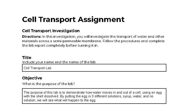 Cell Transport Lab: Investigating Water Movement Across Membranes - Studocu