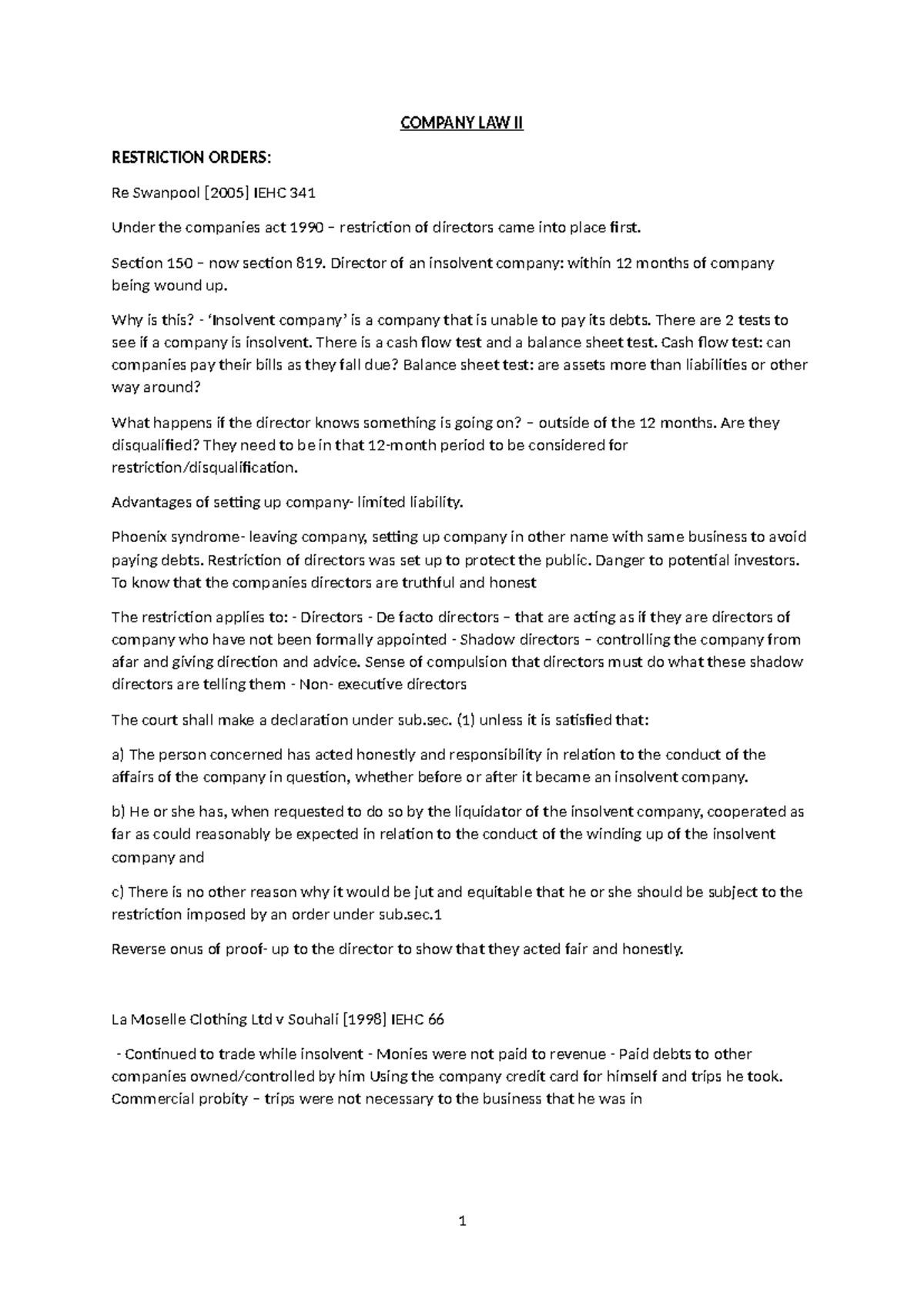 Company LAW II - Restriction and Disqualification Orders Notes - Studocu