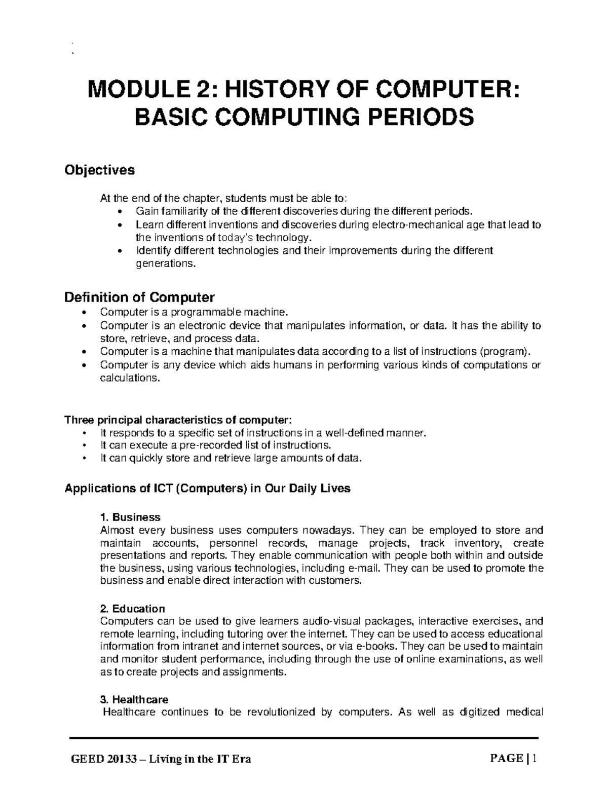 History of computer - lec - . MODULE 2: HISTORY OF COMPUTER: BASIC COMPUTING PERIODS Objectives ...