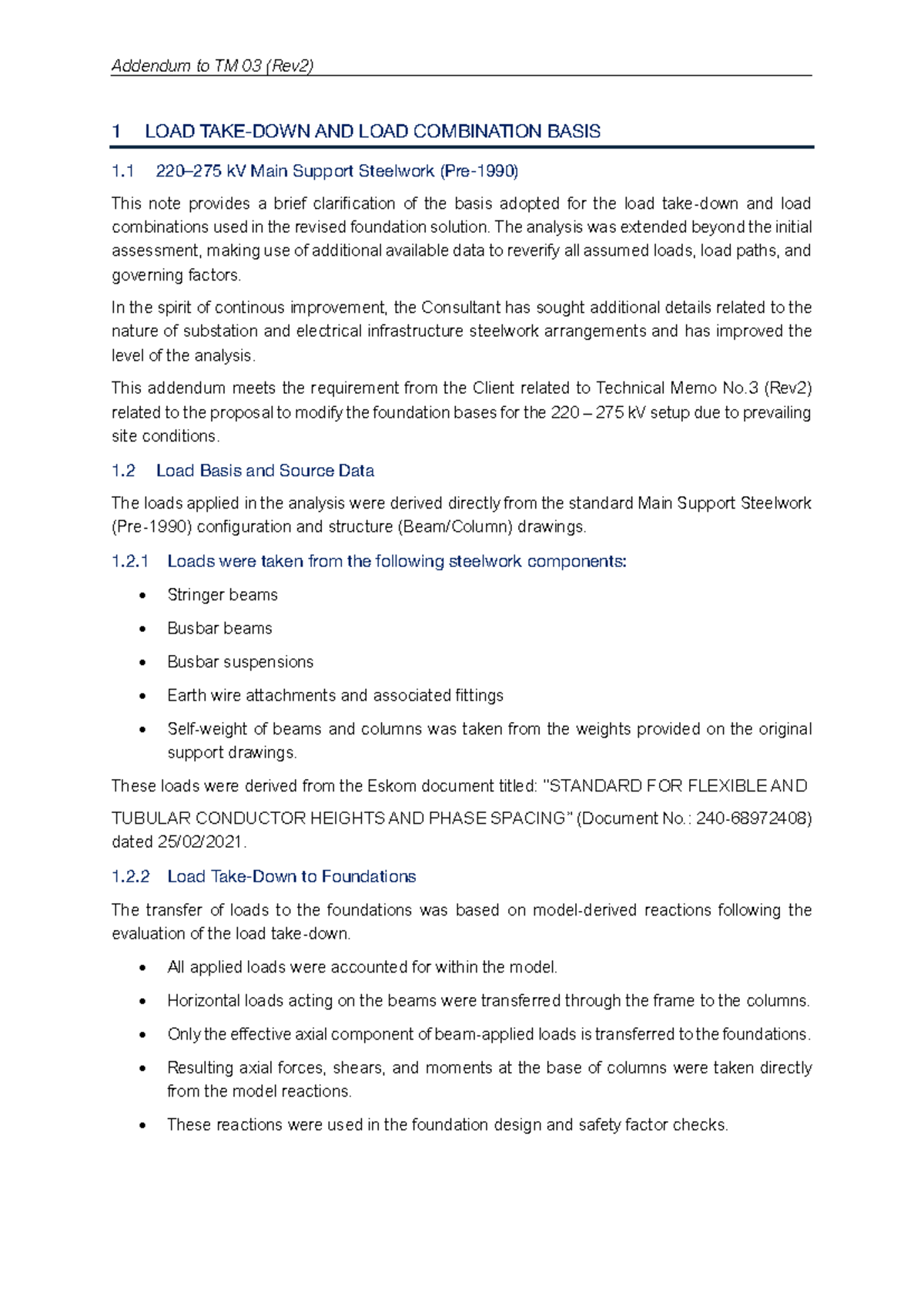 Addendum to TM 03 (Rev2): Load and Load Combination Analysis for 1 kV ...