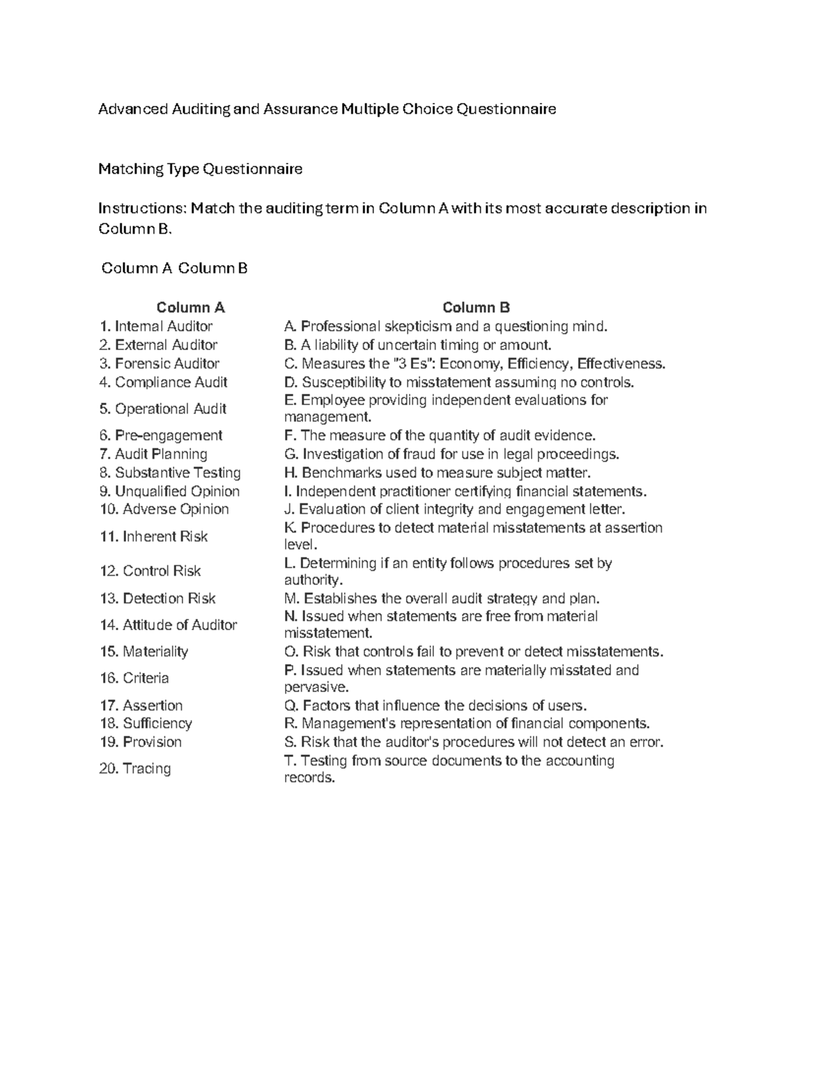 Advanced Auditing and Assurance MCQ Matching Type - 1st Batch - Studocu