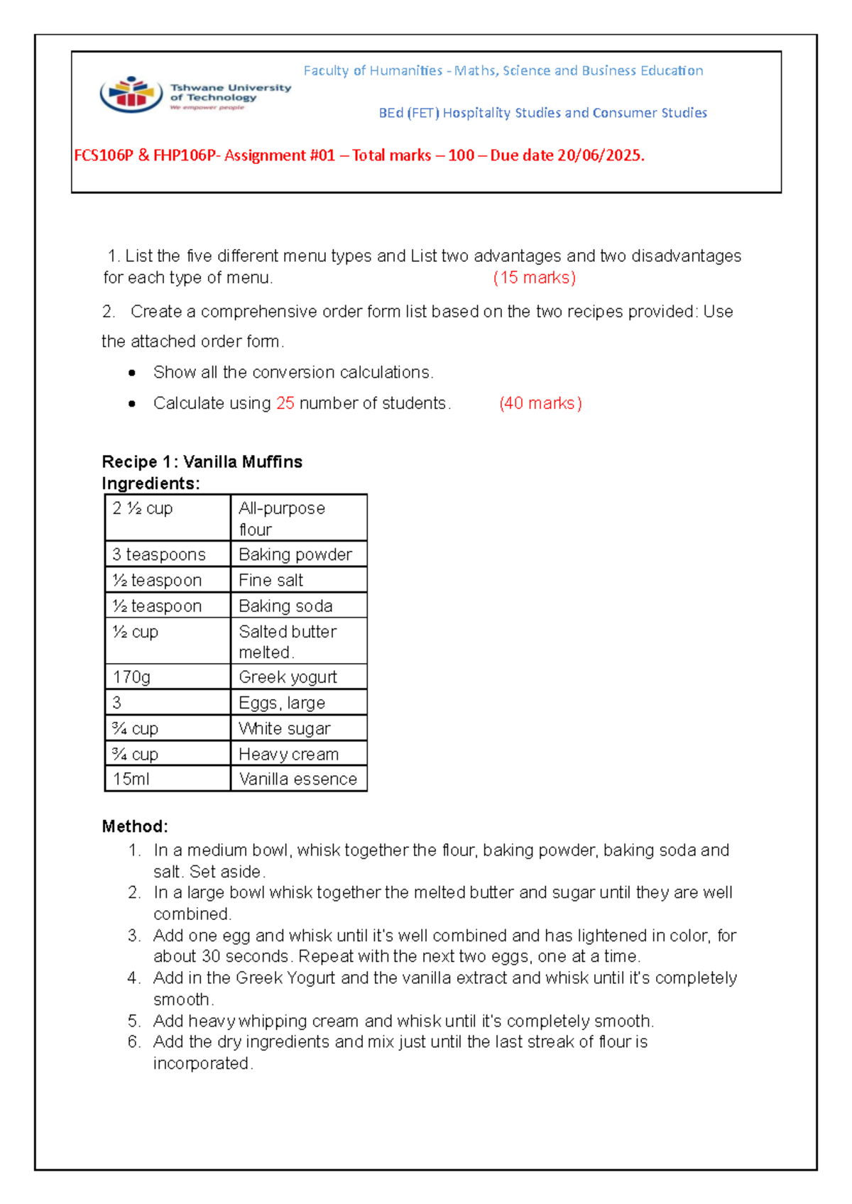 FCS106P Assignment 1: Menu Types & Recipe Order Form Analysis - Studocu