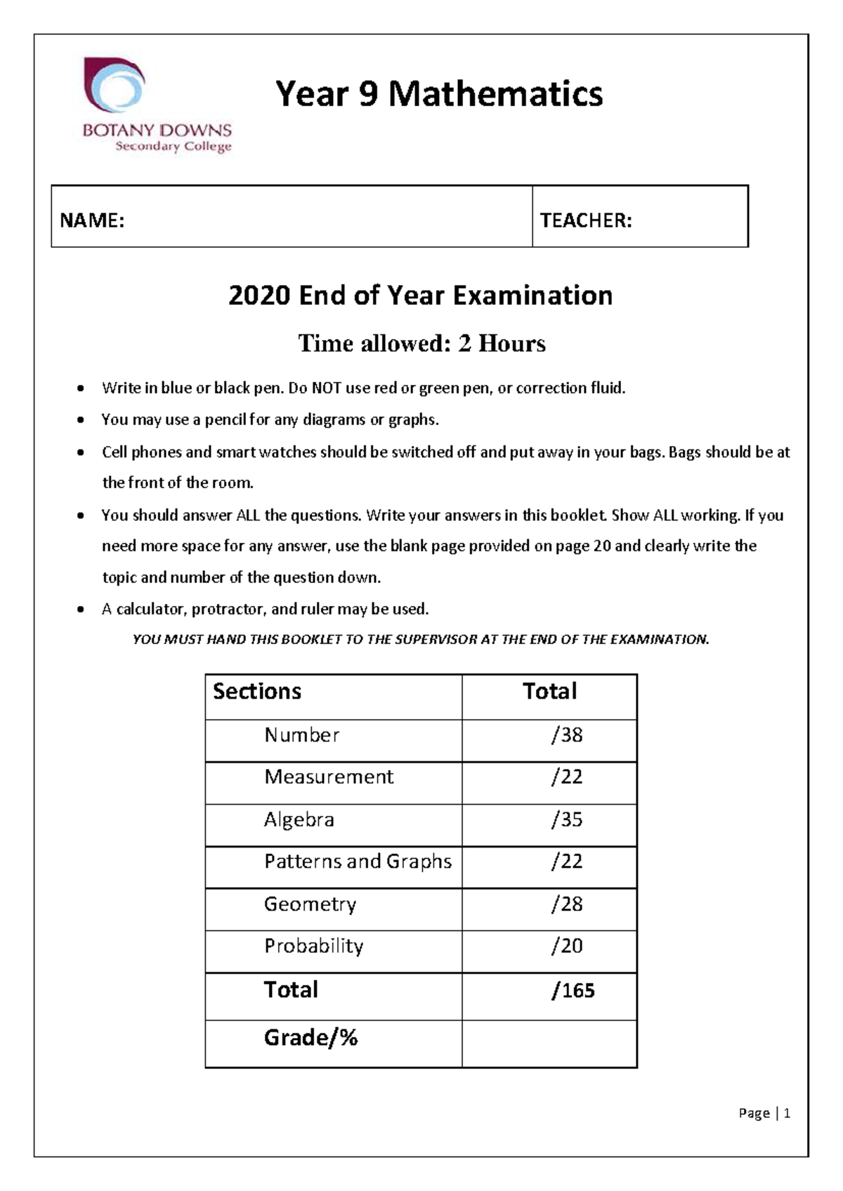 2020 Year 9 Mathematics EOY Exam - Comprehensive Review - Studocu