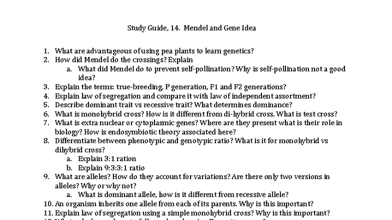 Study Guide: Mendel and Gene Idea (Bio 101) - Studocu