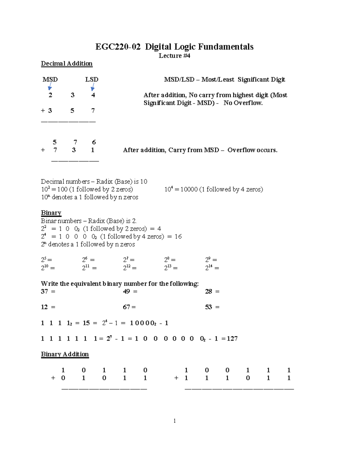Digital Logic Fundamentals Lecture 4: Decimal & Binary Addition - Studocu