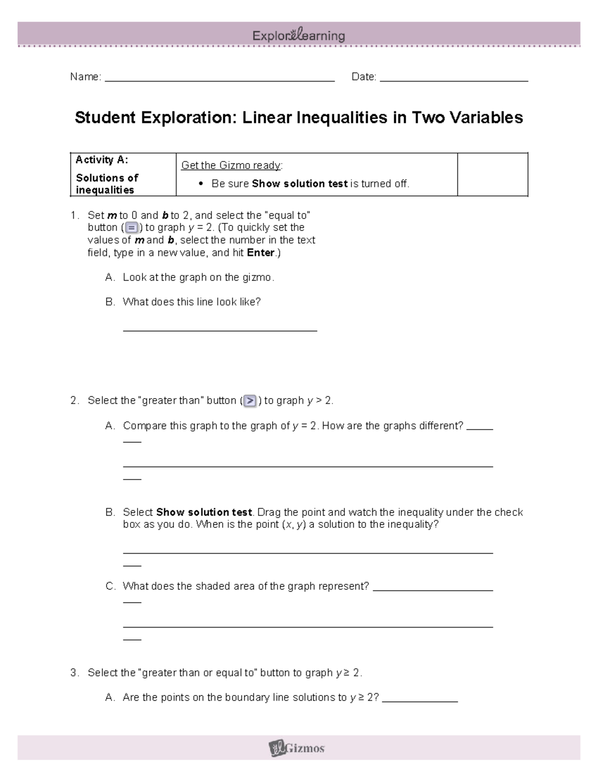 Linear Inequalities Exploration with Gizmo Tool (Math 101) - Studocu