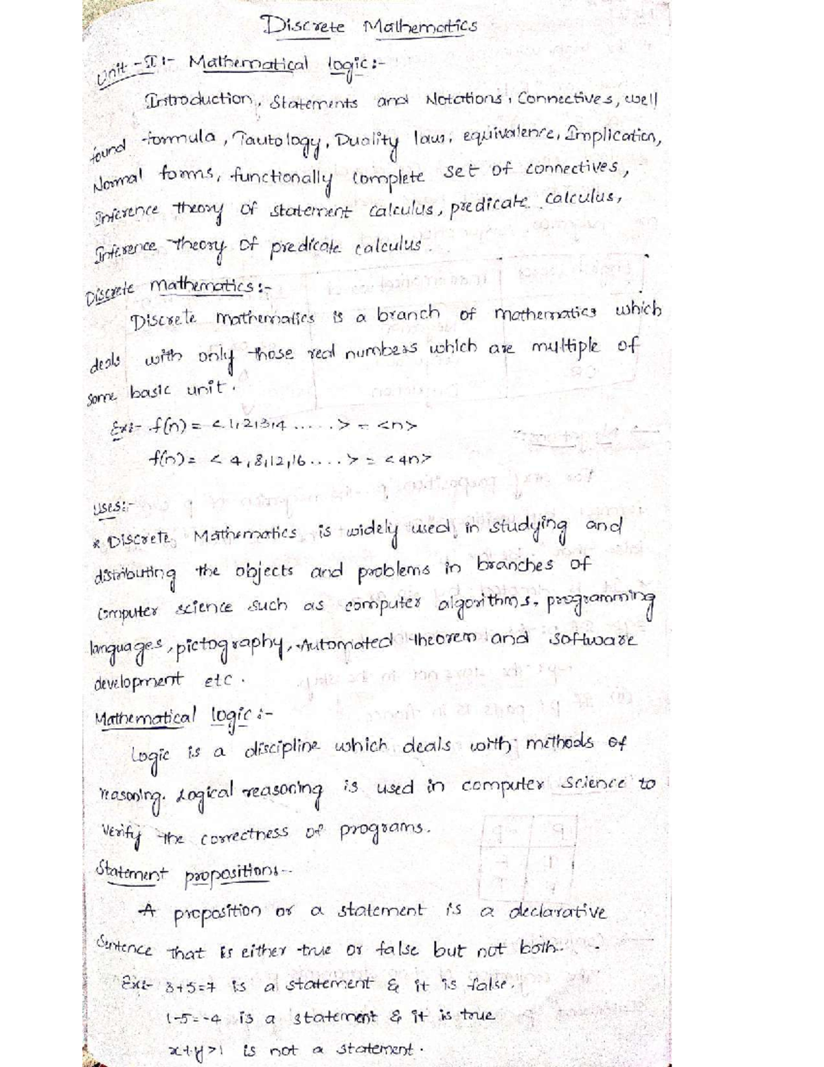 Discrete Mathematics Unit: Mathematical Logic, Connectives, and ...