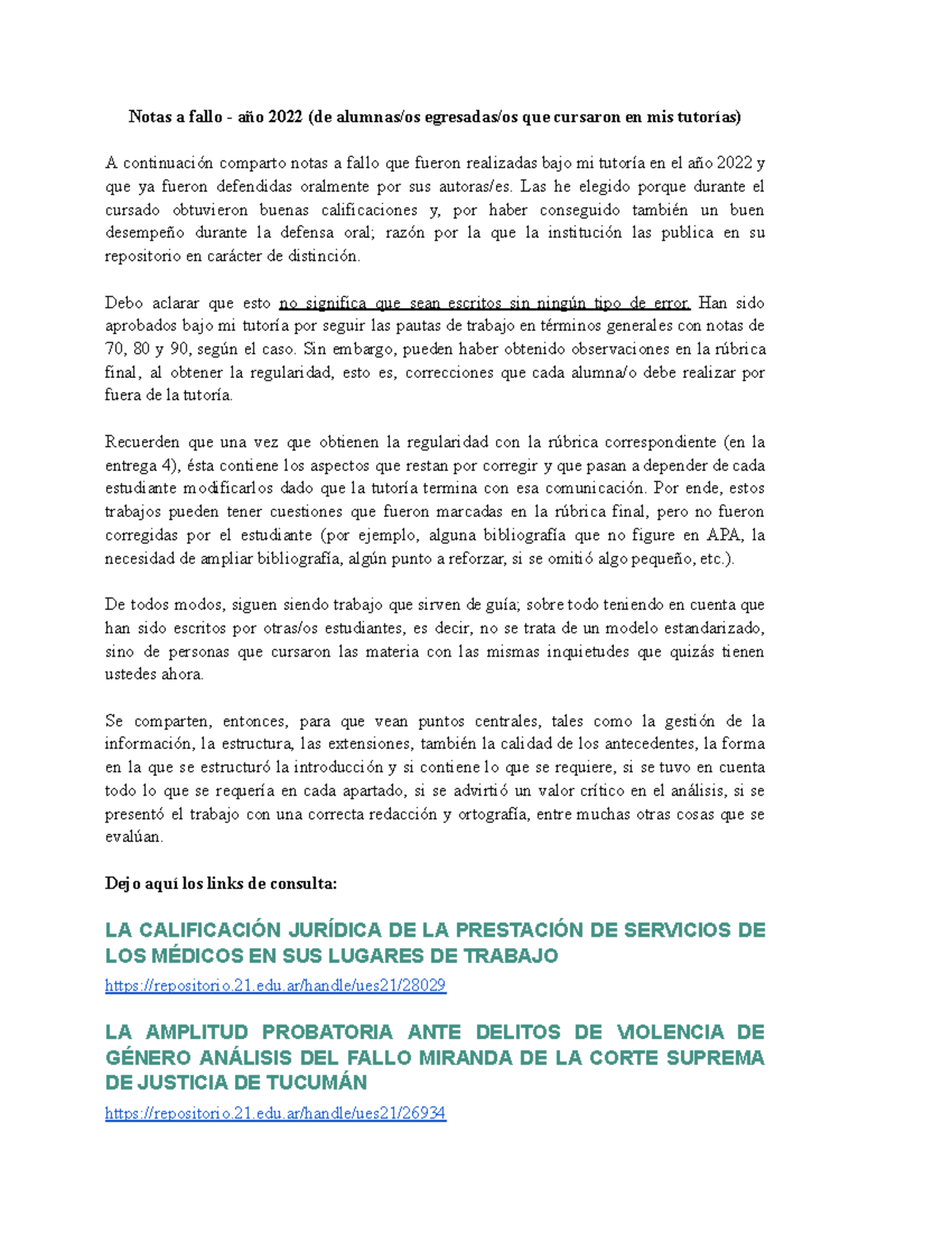 Notas a fallo 2022 - Tutorías por alumnas/os destacadas/os - Studocu
