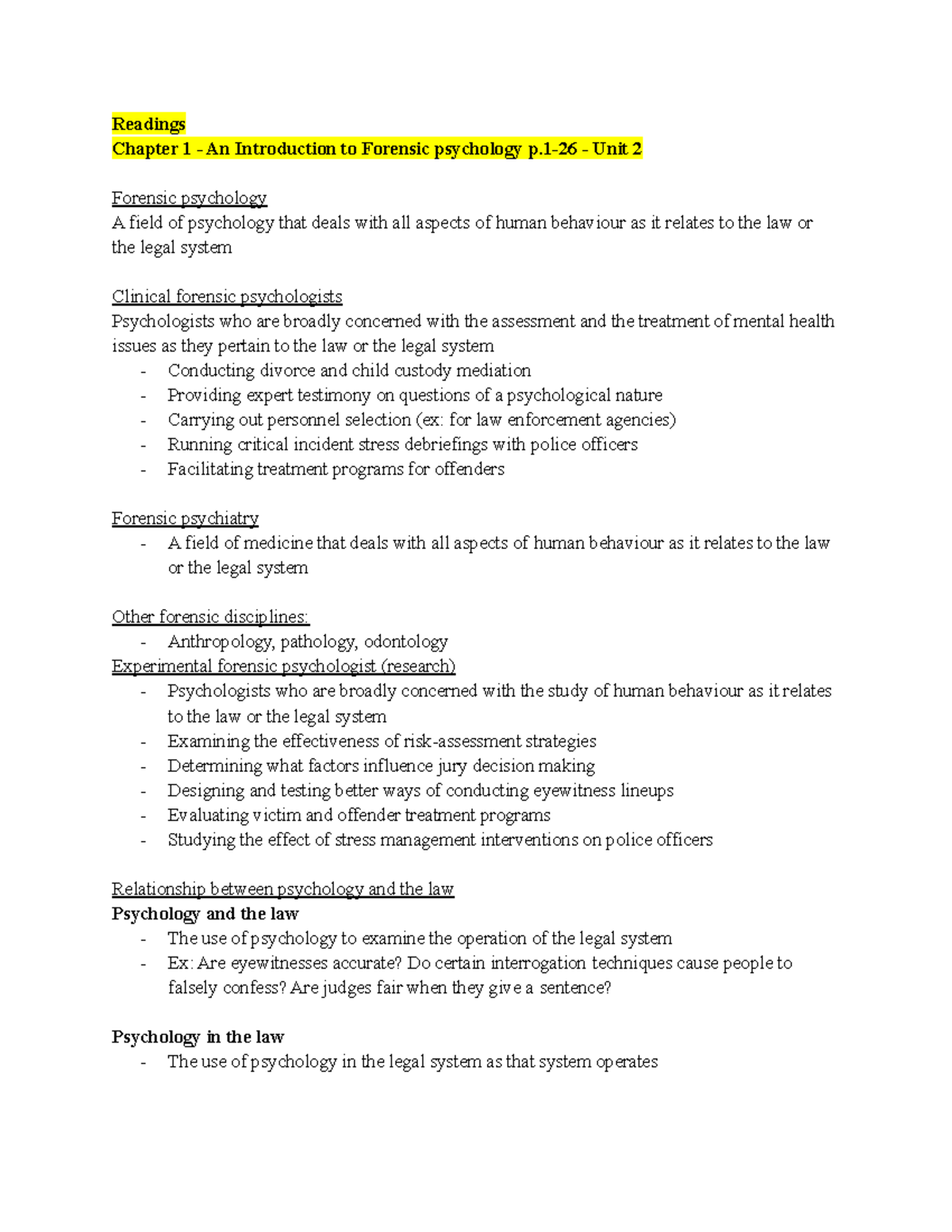 Forensic psych Notes - Readings Chapter 1 - An Introduction to Forensic ...
