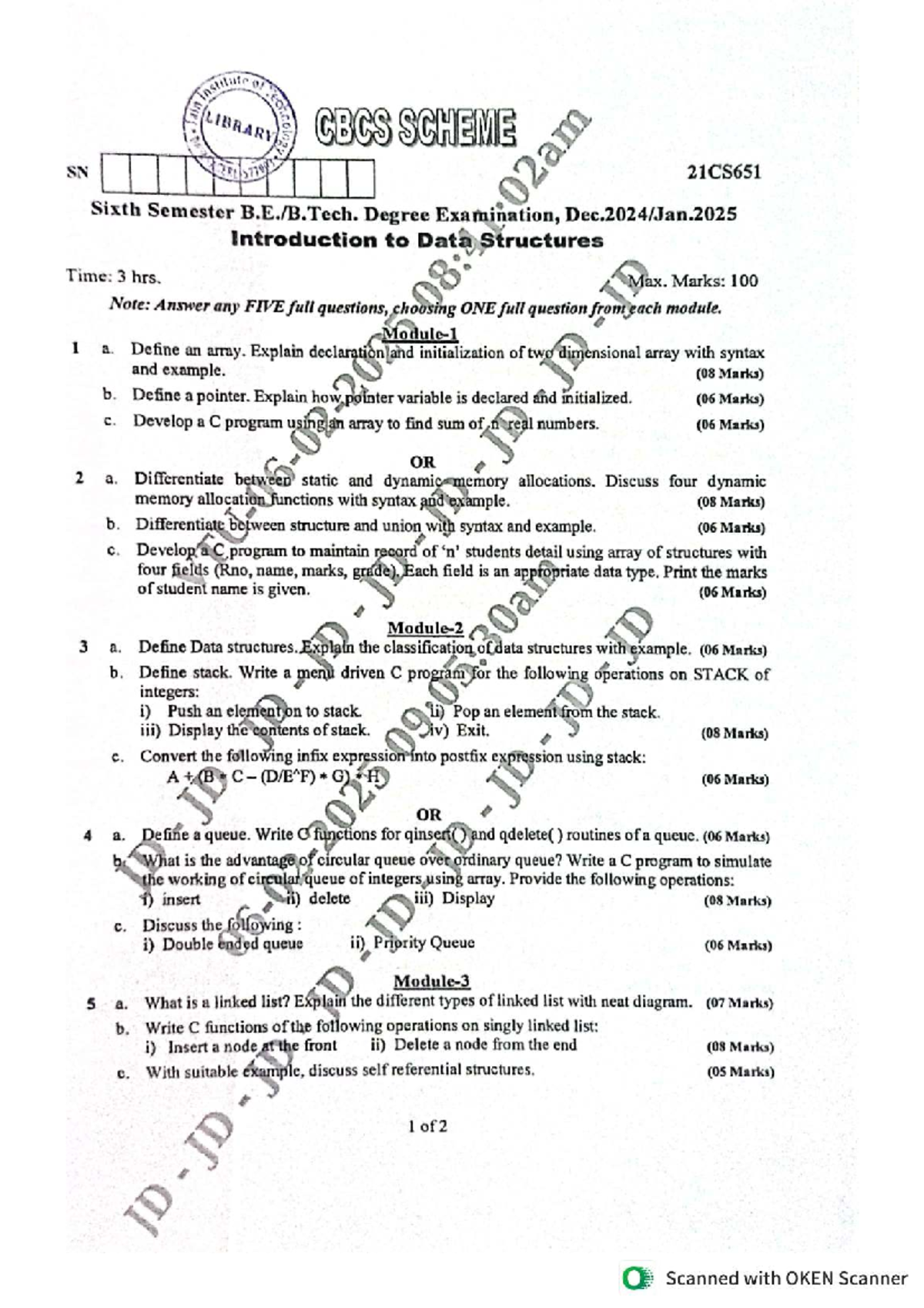 21CS651 Data Structures Previous Year Question Paper - 1 - Studocu