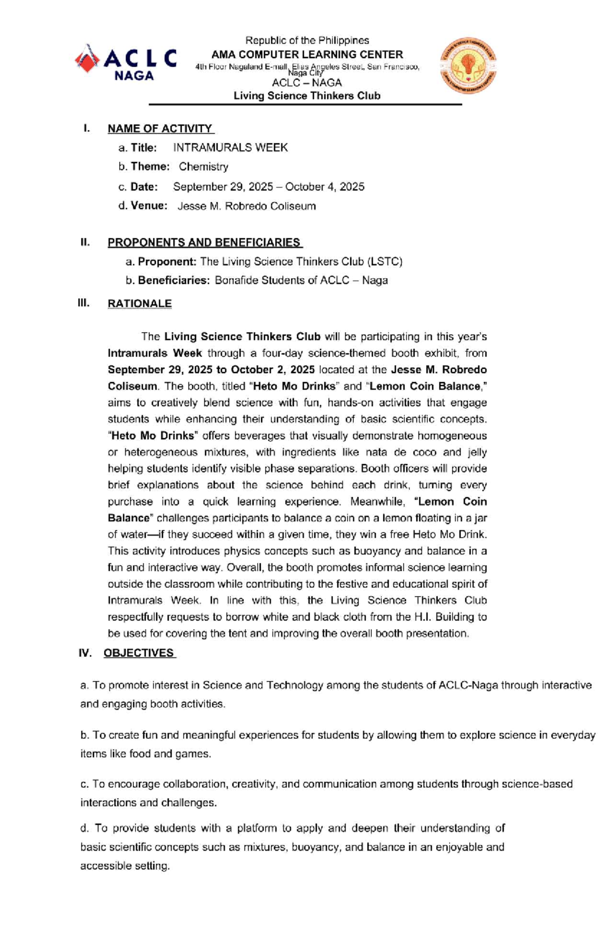 Activity Proposal for Intramurals Week: Science Booth by LSTC - Studocu