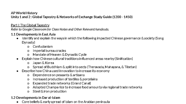 APW World History Units 1 & 2 Study Guide: Global Tapestry & Exchange ...