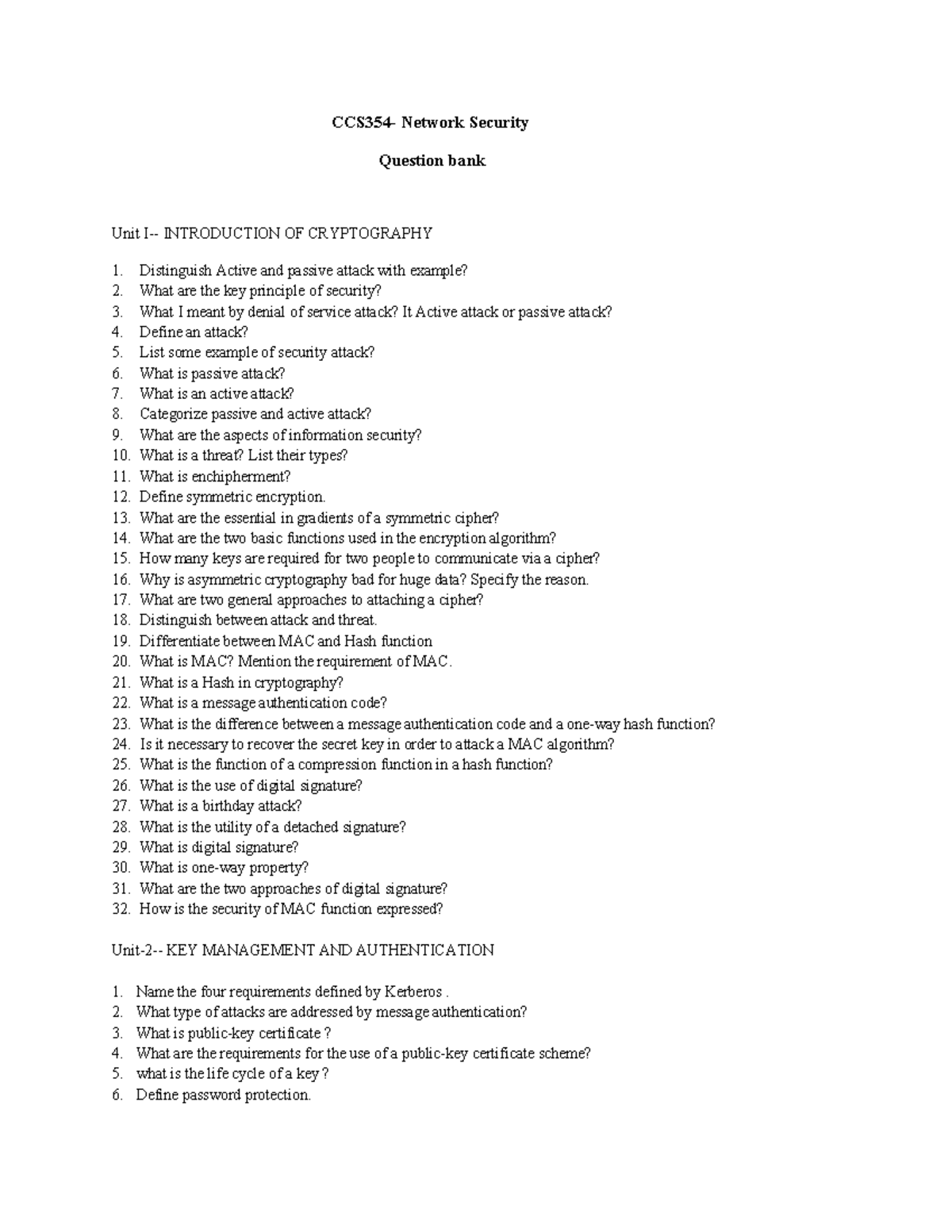 Question Bank - CCS354 Network Security Notes and Review - Studocu