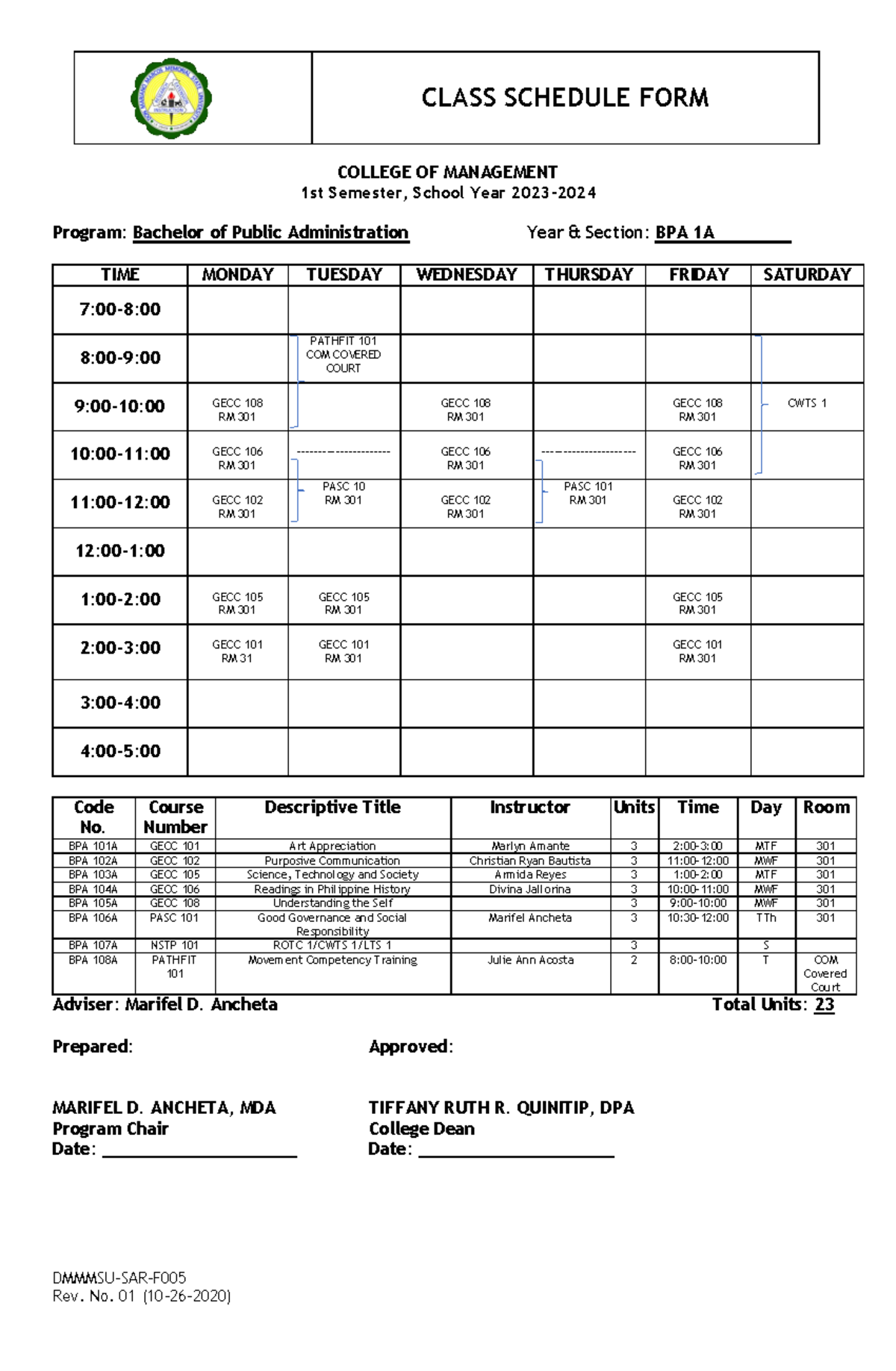 BPA Class Schedule for 1st Sem AY 2023-2024 (BPA 1A, 1B, 2B, 3A, 4A, 4B) - Studocu