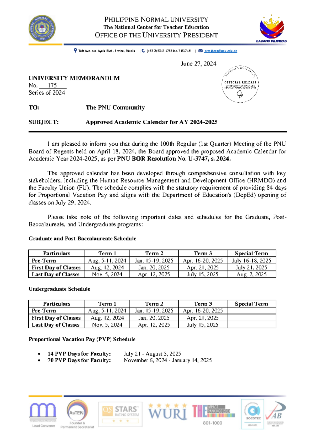 Approved Academic Calendar for AY 2024-2025 - PNU - Studocu