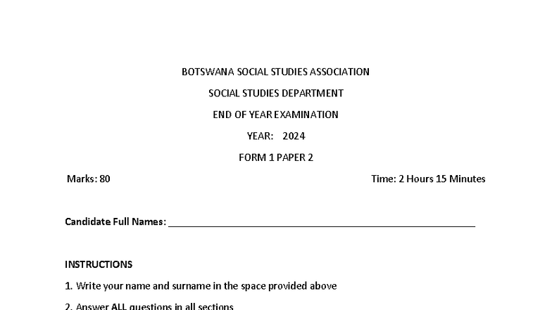 BOTSWANA SOCIAL STUDIES FORM 1 END OF YEAR EXAMINATION 2024 - Studocu