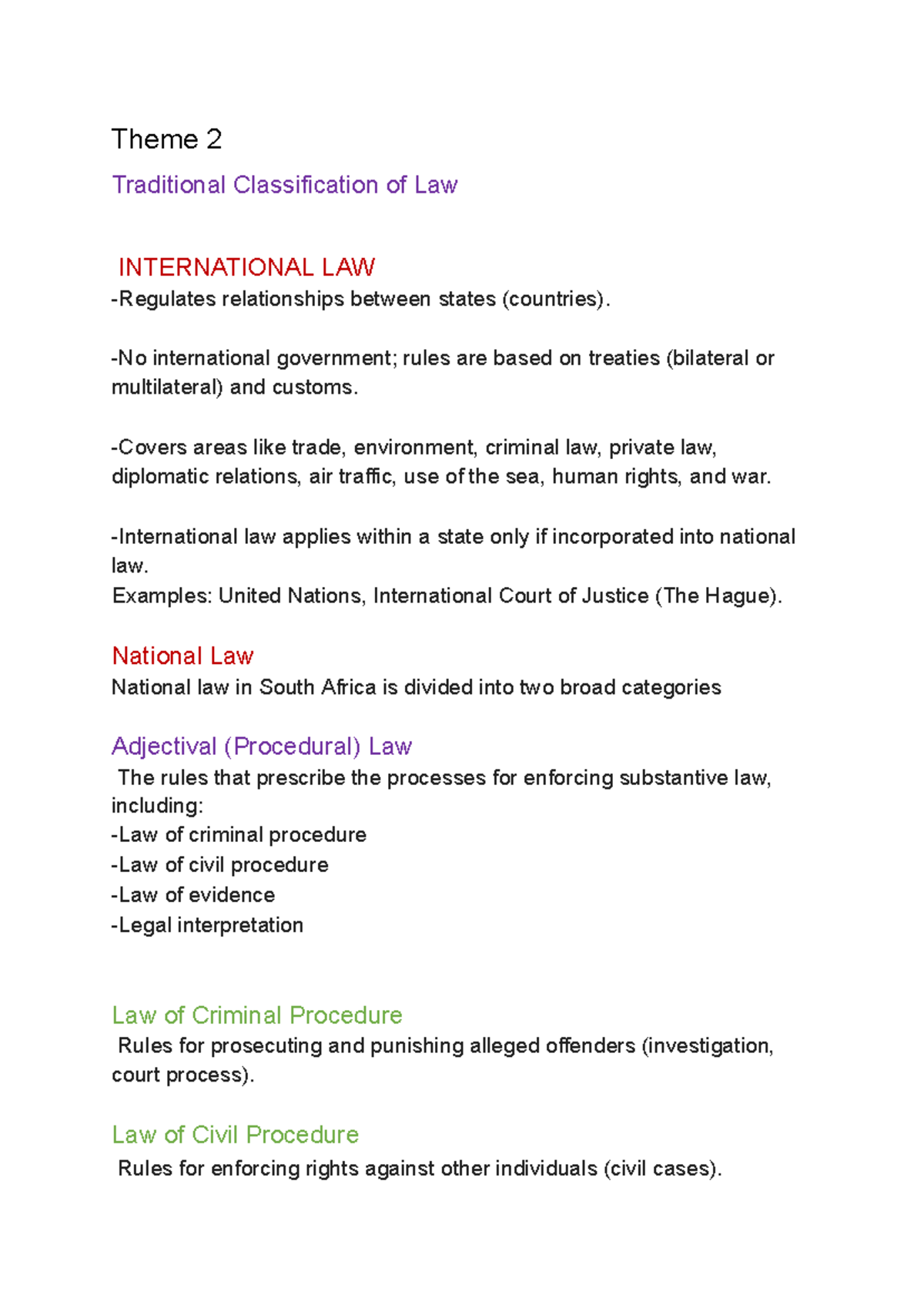 FOL178 Theme 2: Traditional Classification of Law Overview - Studocu