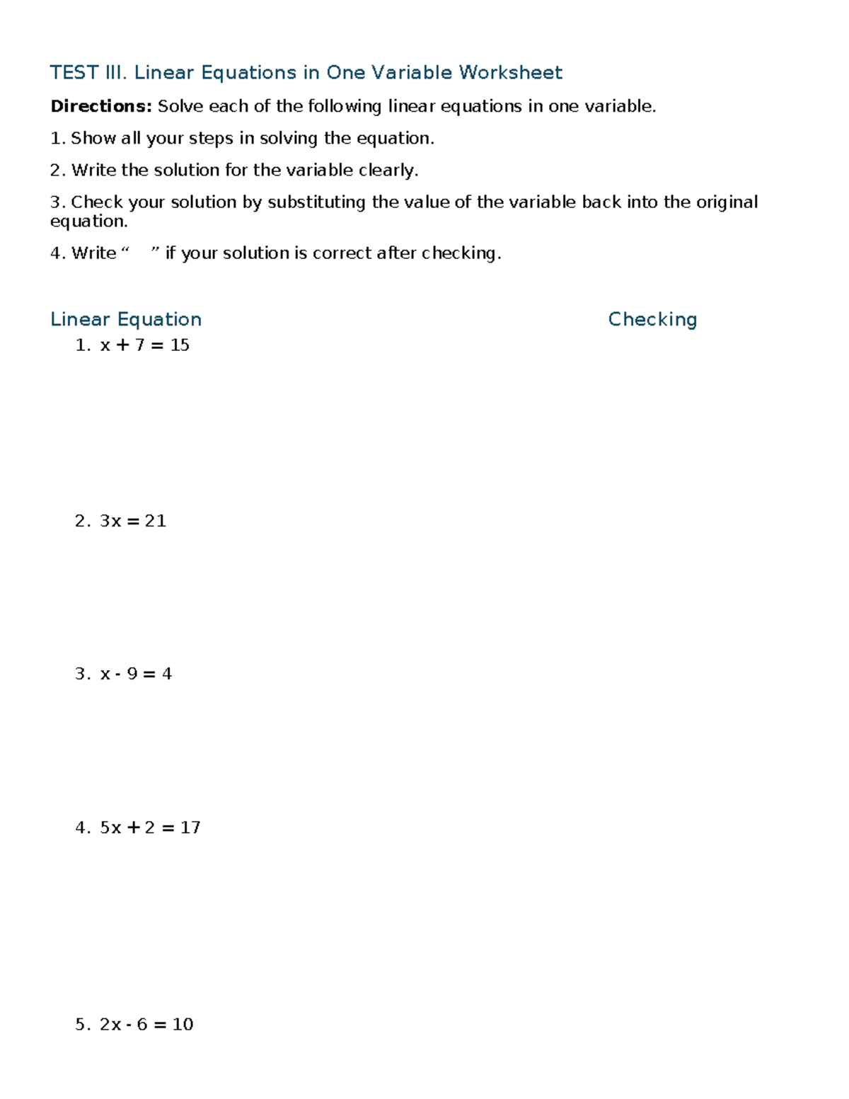 Linear Equations in One Variable Worksheet: Solve & Check - Studocu
