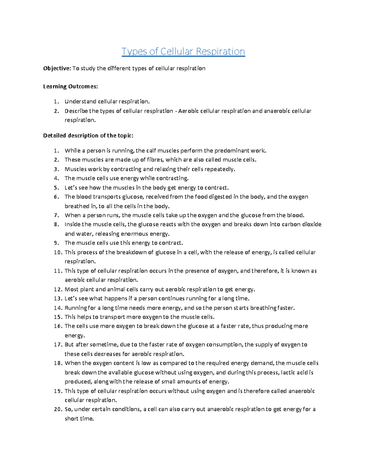Types of Cellular Respiration: Aerobic vs Anaerobic - Teacher Notes ...
