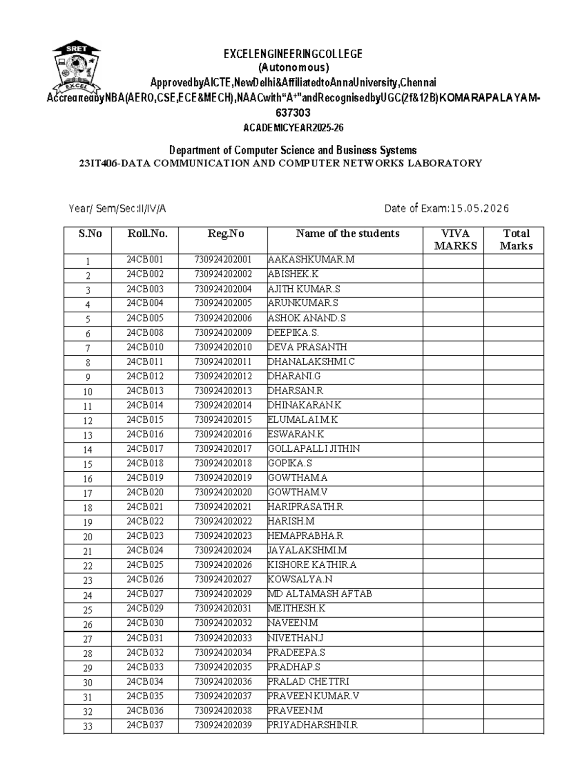 DCCN 24CB LAB VIVA MARKS - STUDENT LIST & RESULTS - Studocu