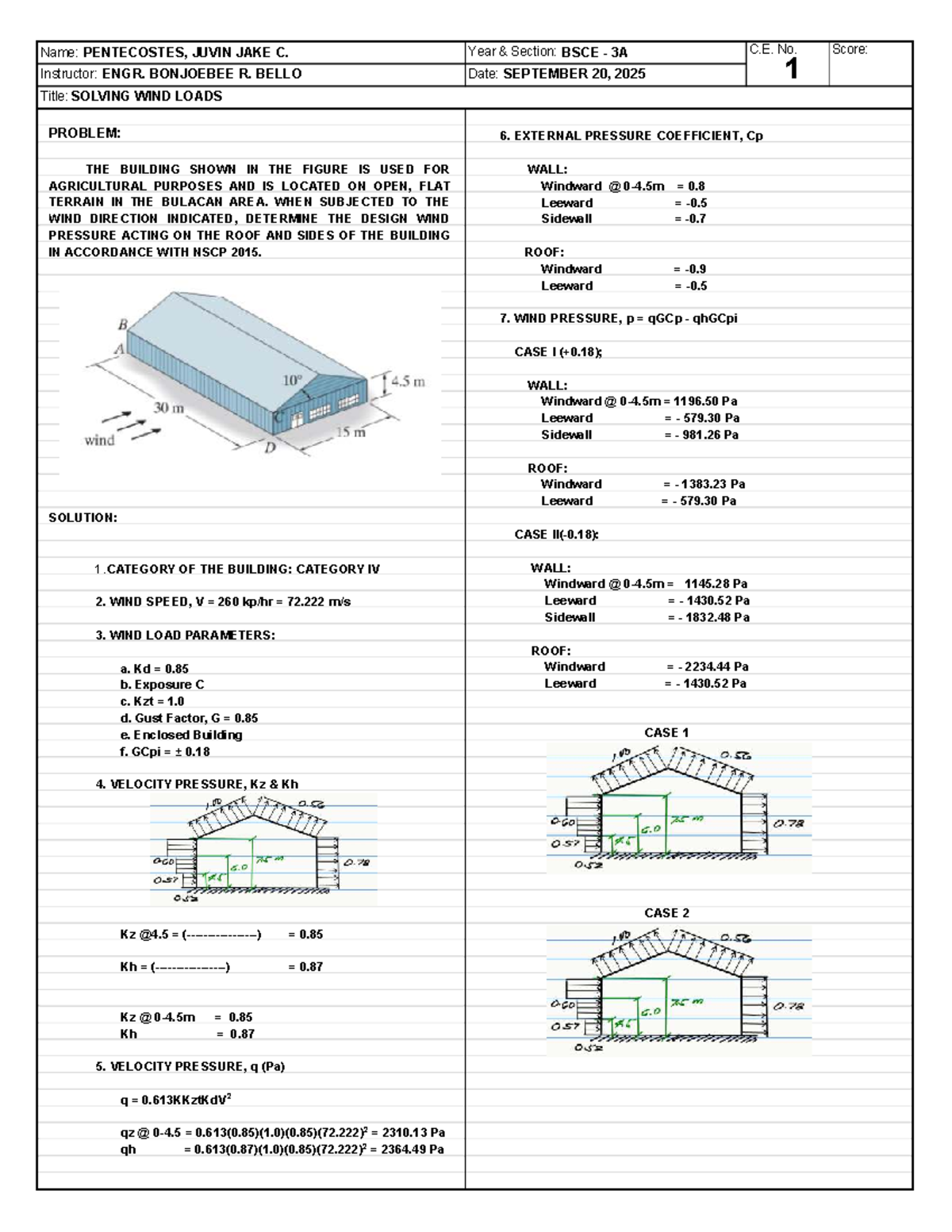 BSCE 3A: Final Exercise on Wind Loads & External Pressure Coefficient ...