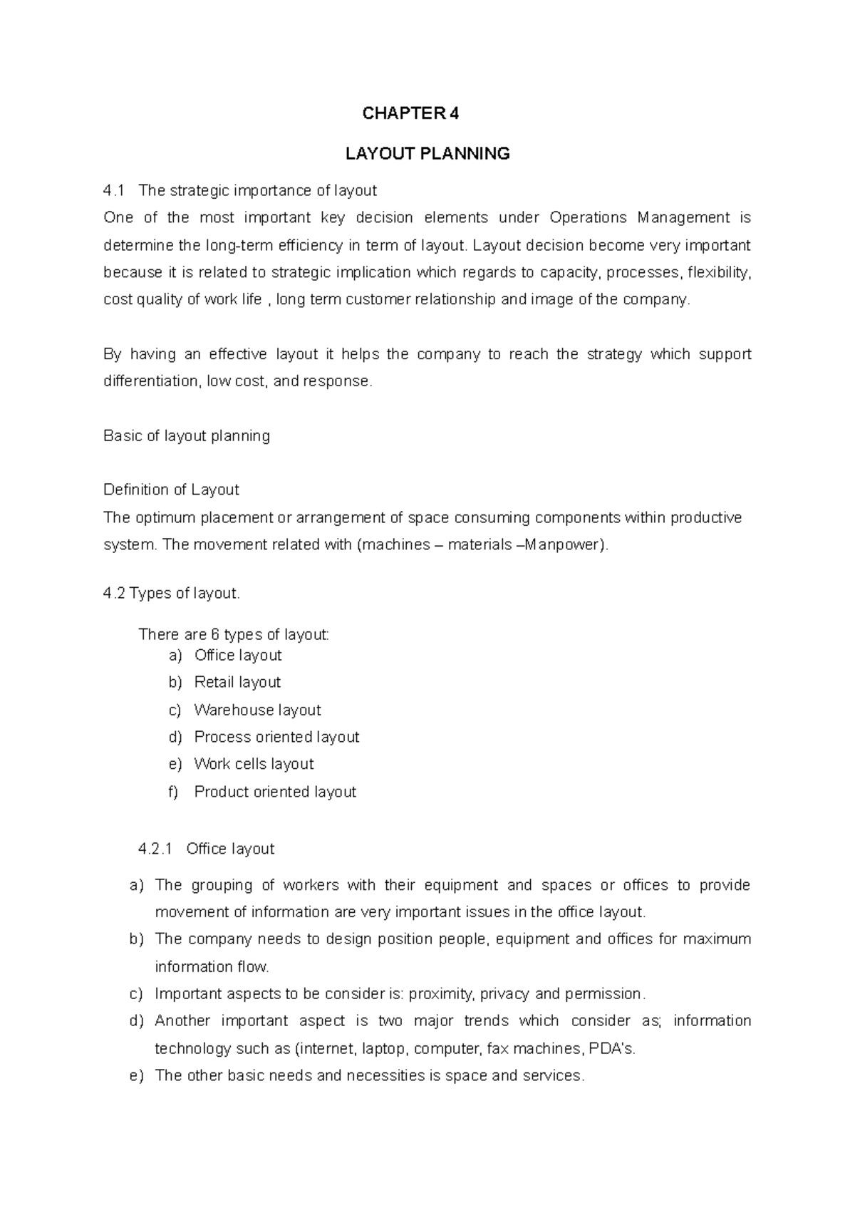 Chapter 4 - Layout Planning - CHAPTER 4 LAYOUT PLANNING 4 The strategic ...