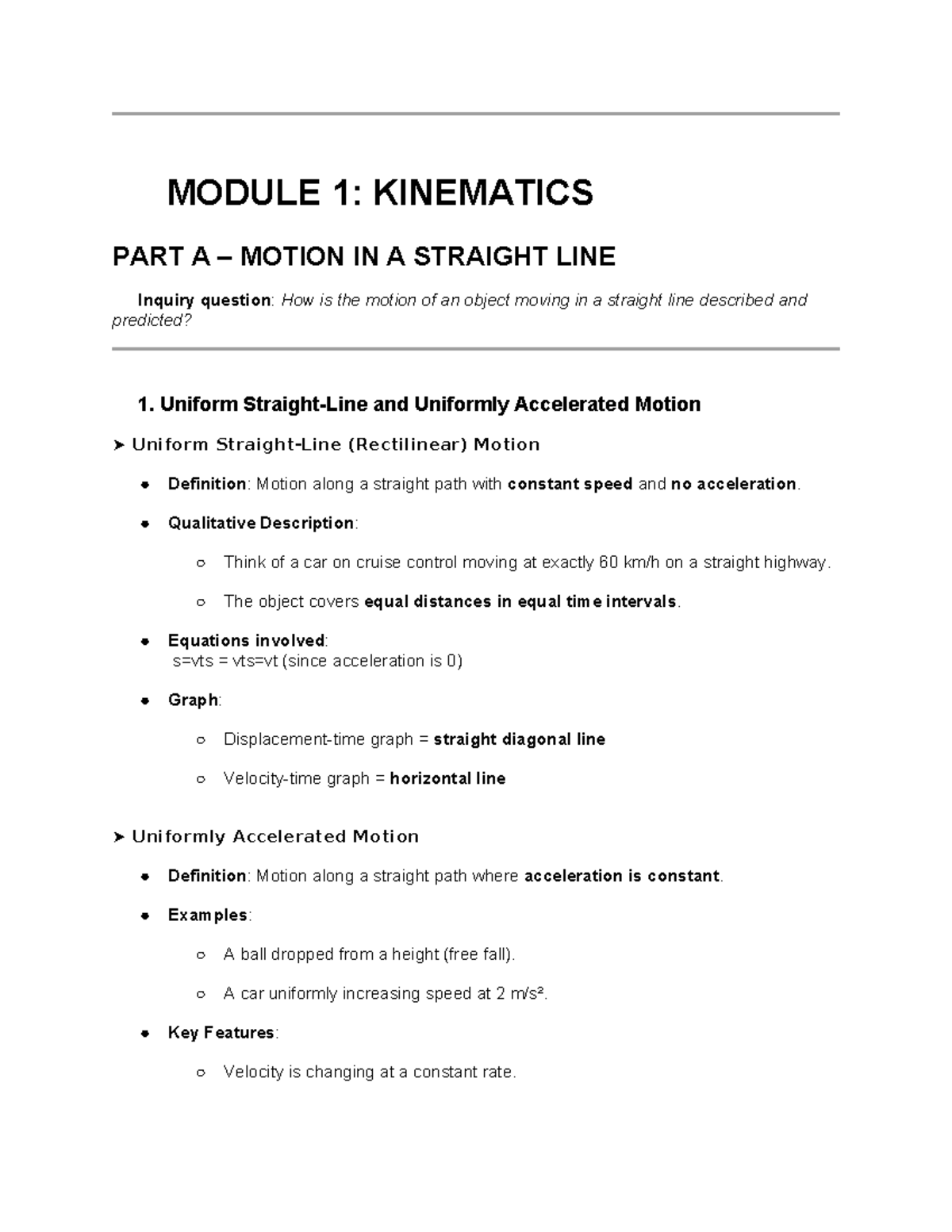 Physics Notes - Mod 1: Kinematics - Motion in a Straight Line & Plane ...