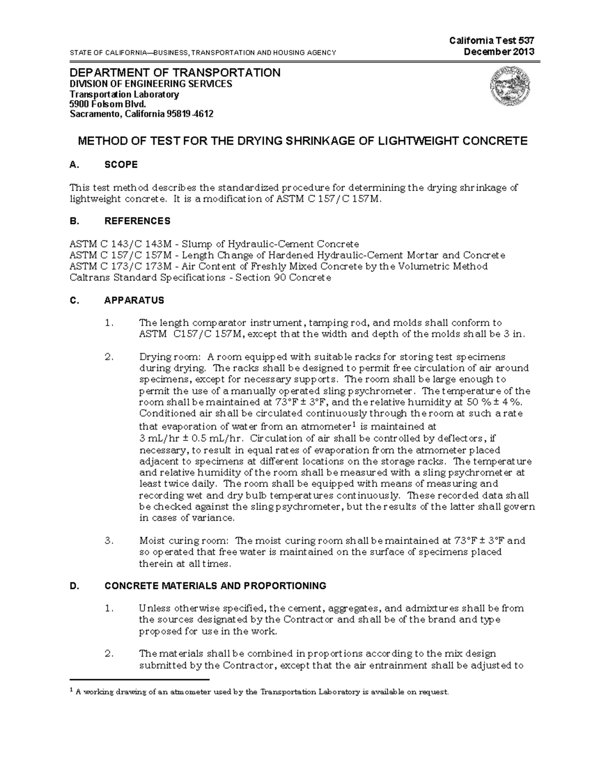 California Test 537: Drying Shrinkage of Lightweight Concrete Method ...