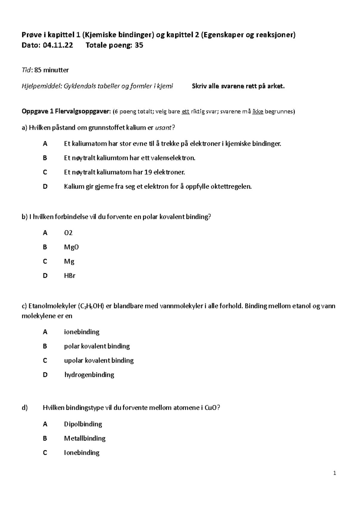 Kjemiprøve KJEM101: Kapittel 1-2 - Kjemiske bindinger og egenskaper ...