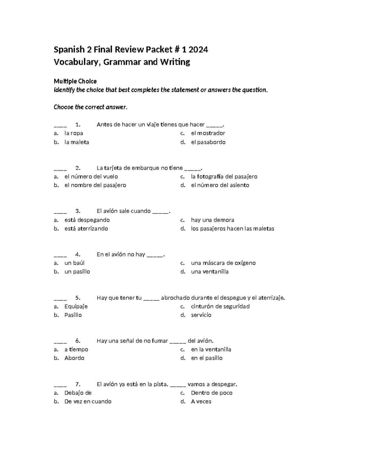 Spanish 2 Final Exam Review Questions for Honors Students 112233478 ...