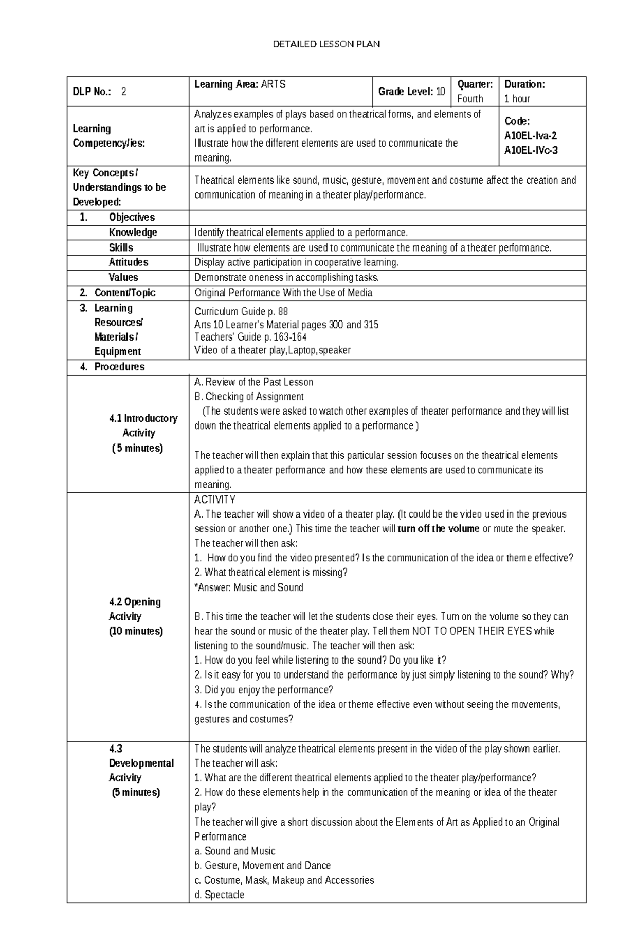 DLP 2 ARTS Q4 - Lesson Plan on Theatrical Elements in Performance - Studocu