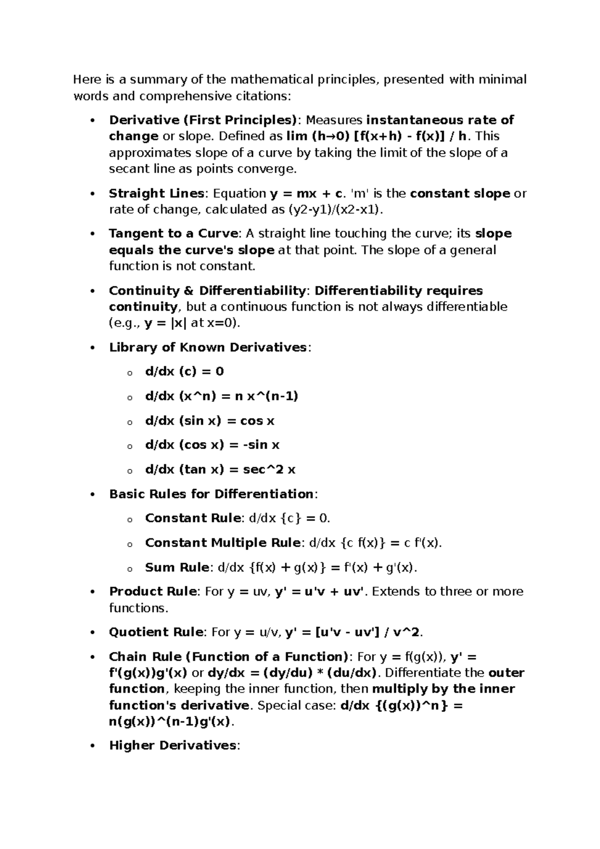 Math 101: Week 1 Summary of Derivatives and Differentiation Principles - Studocu
