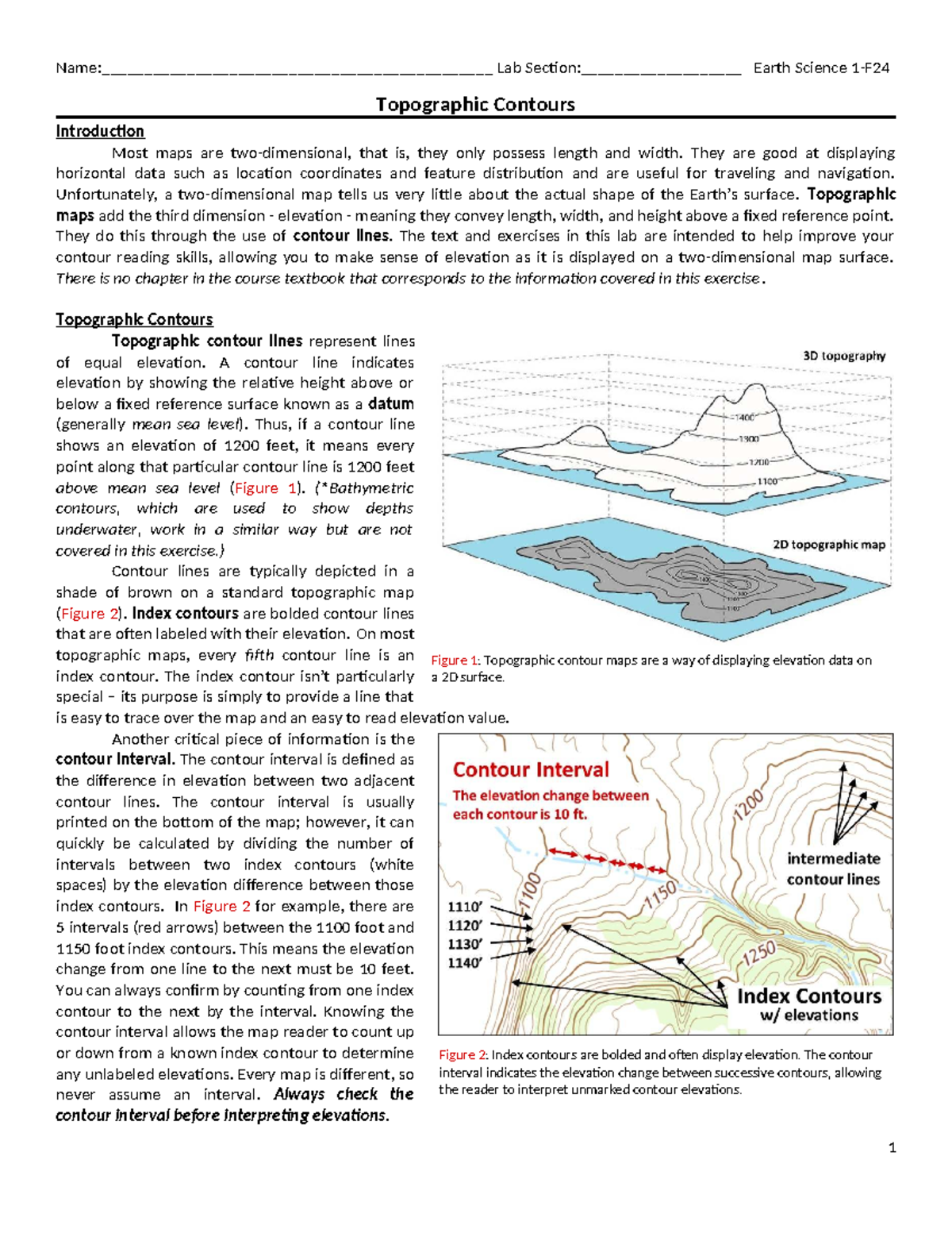 GEOL1401 Topographic Contours Lab Introduction and Exercises F24 - Studocu