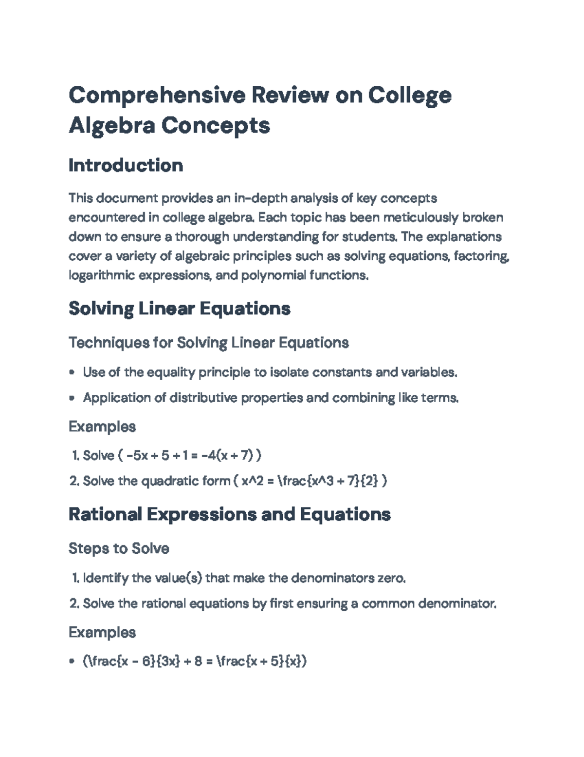 Comprehensive Review of College Algebra Concepts and Techniques ...