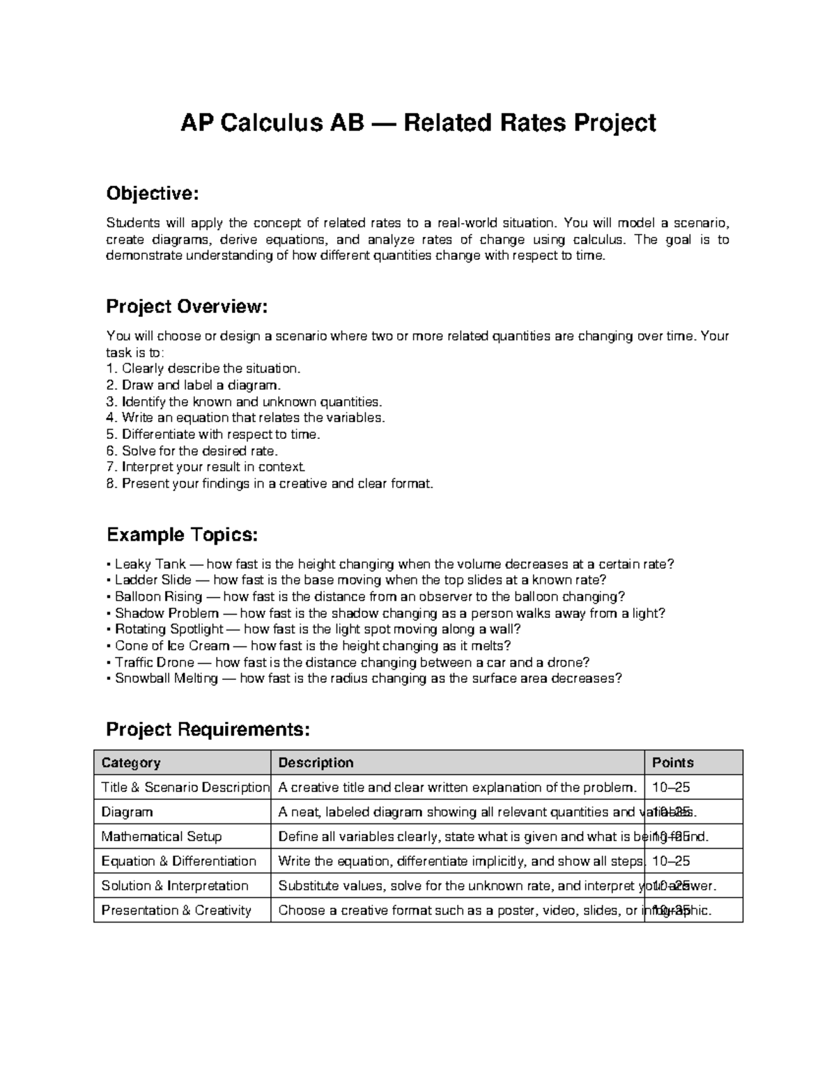 AP Calculus AB Related Rates Project Guidelines and Examples - Studocu