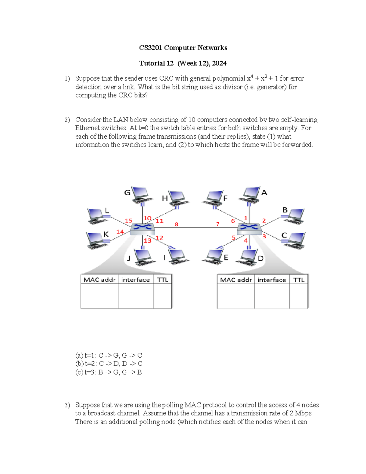 CS3201 Tutorial 12 - CRC and Ethernet Switching Concepts 2024 - Studocu