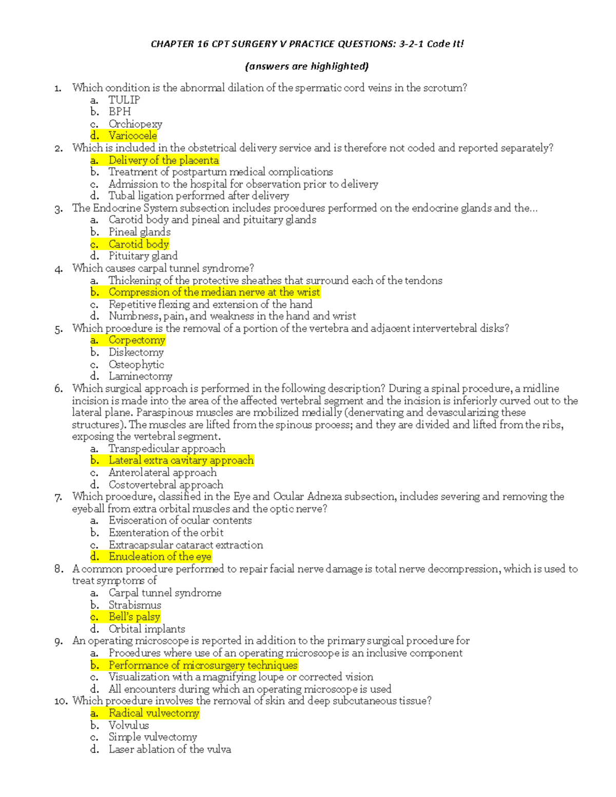 Chapter 16 CPT Surgery V Practice Questions - Study Guide - Studocu